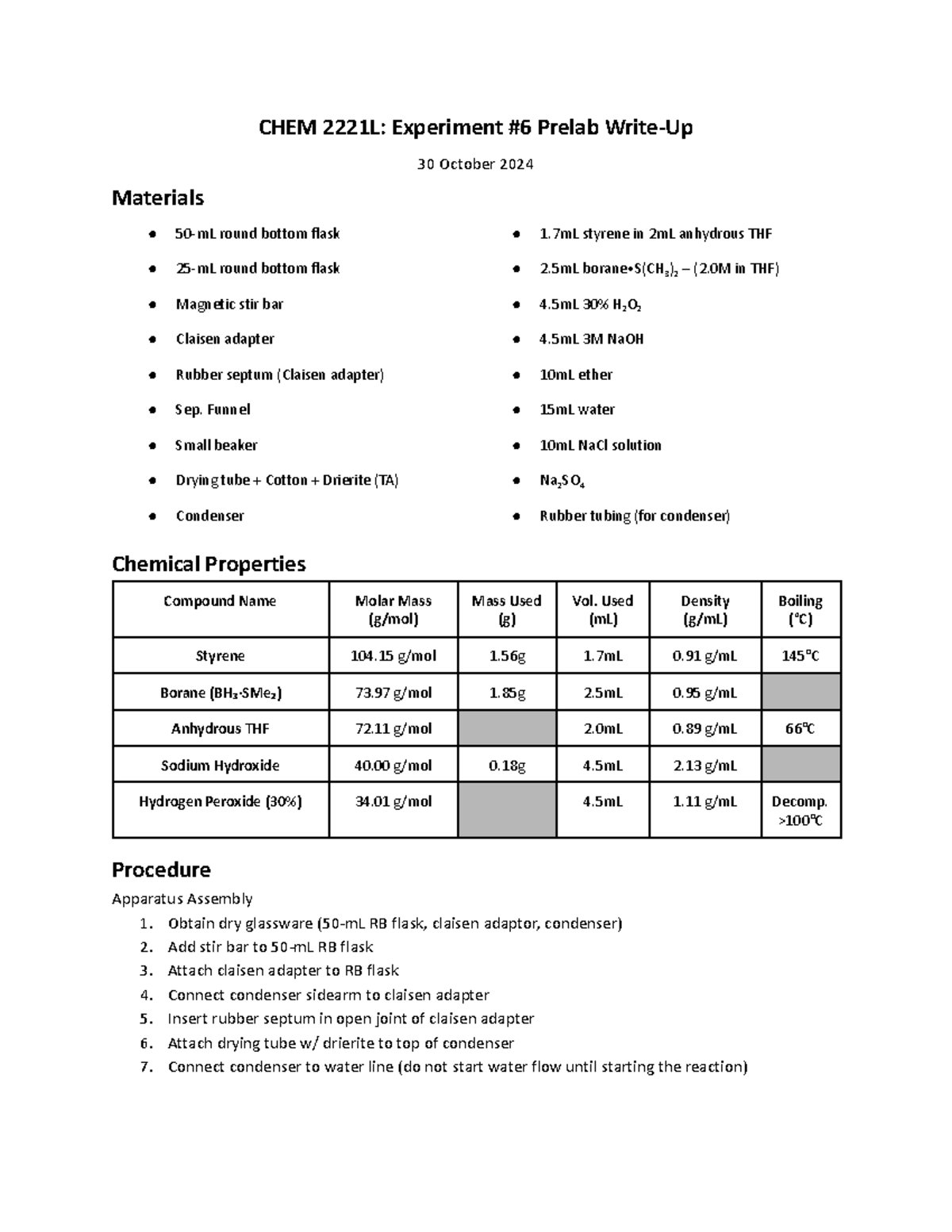 CHEM 2221L Prelab Exp. #6 - CHEM 2221L: Experiment #6 Prelab Write-Up ...