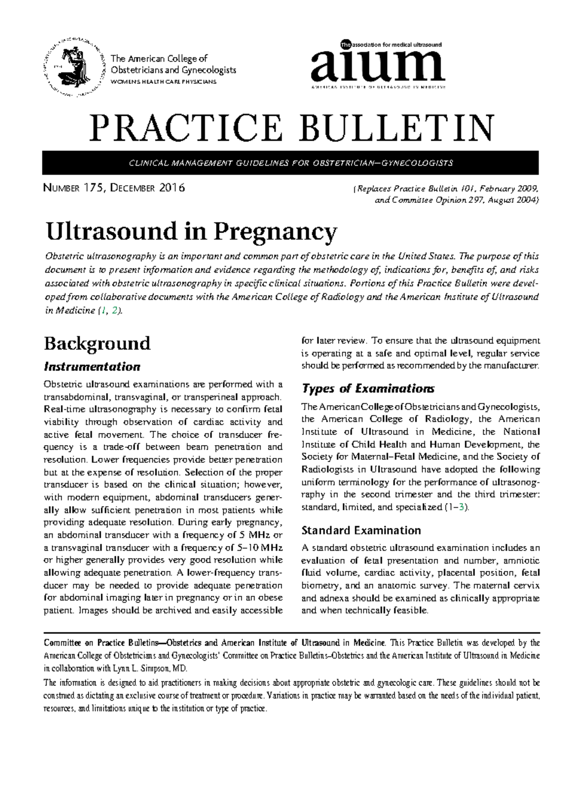 13. Ultrasound in Pregnancy Autor The American College of Obstetricians ...