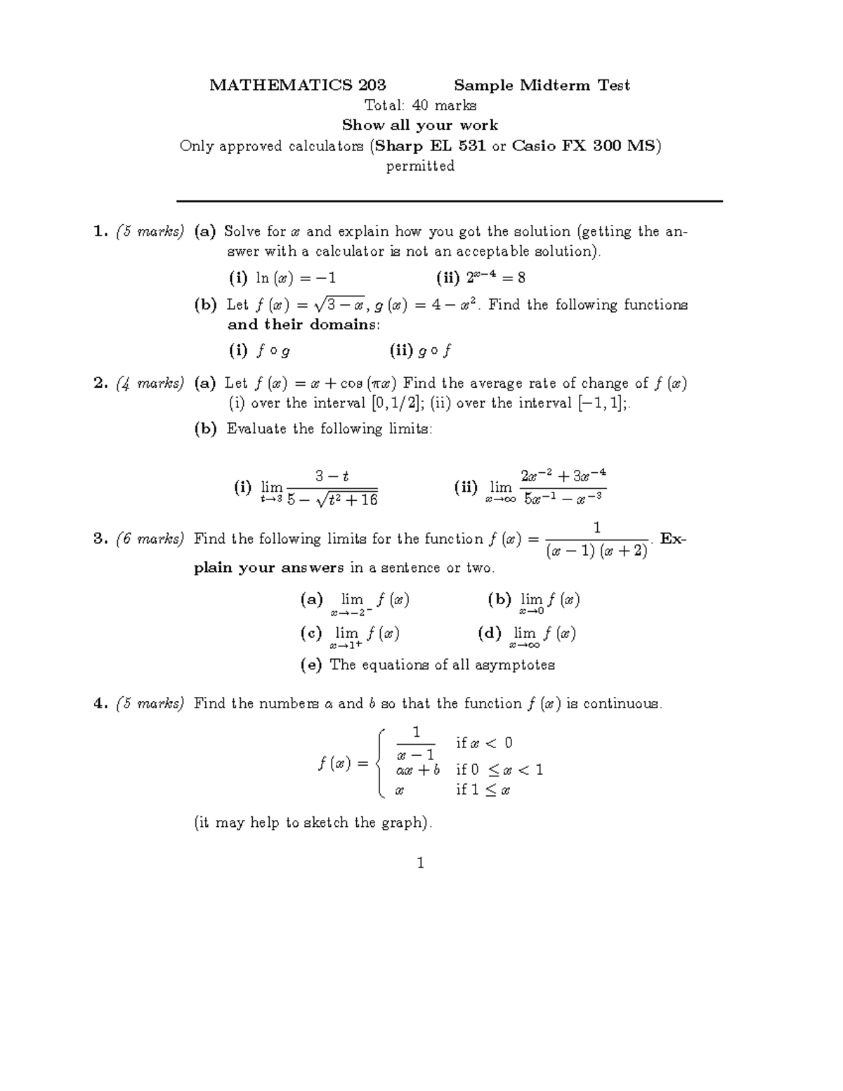 M203Sample Test 2011-12 - MATHEMATICS 203 Sample Midterm Test Total: 40 ...