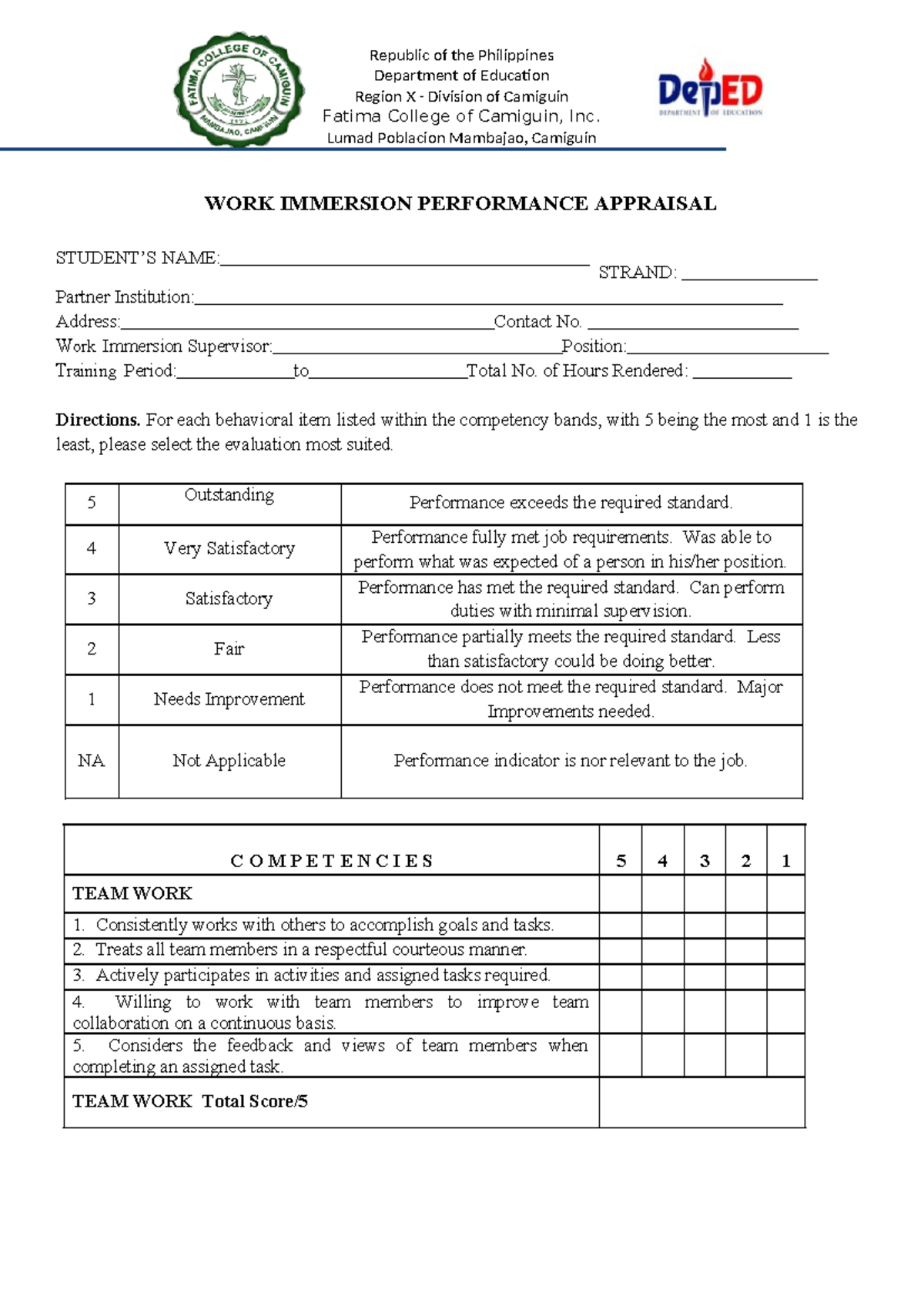 WORK- Immersion- Appraisal - Republic of the Philippines Department of ...