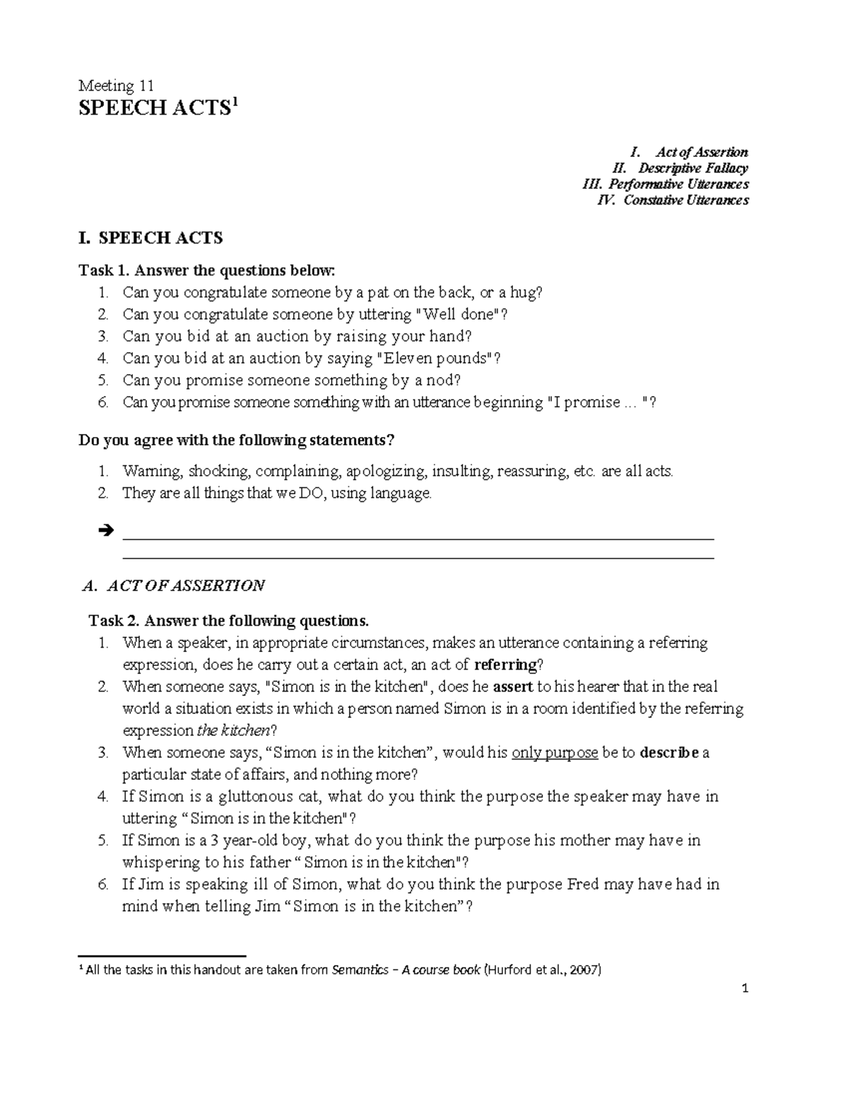 2333 M12 - Unit 21. Speech Acts - Meeting 11 SPEECH ACTS 1 I. Act of ...
