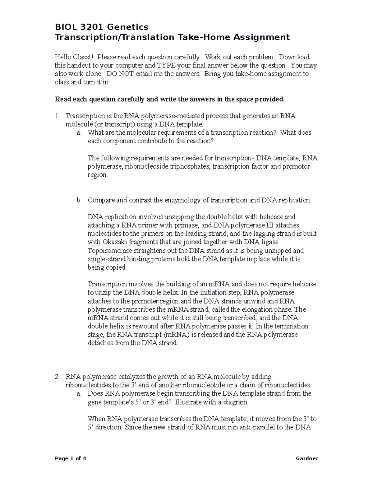 Transcription Problem Assignment Completed - Transcription/Translation ...