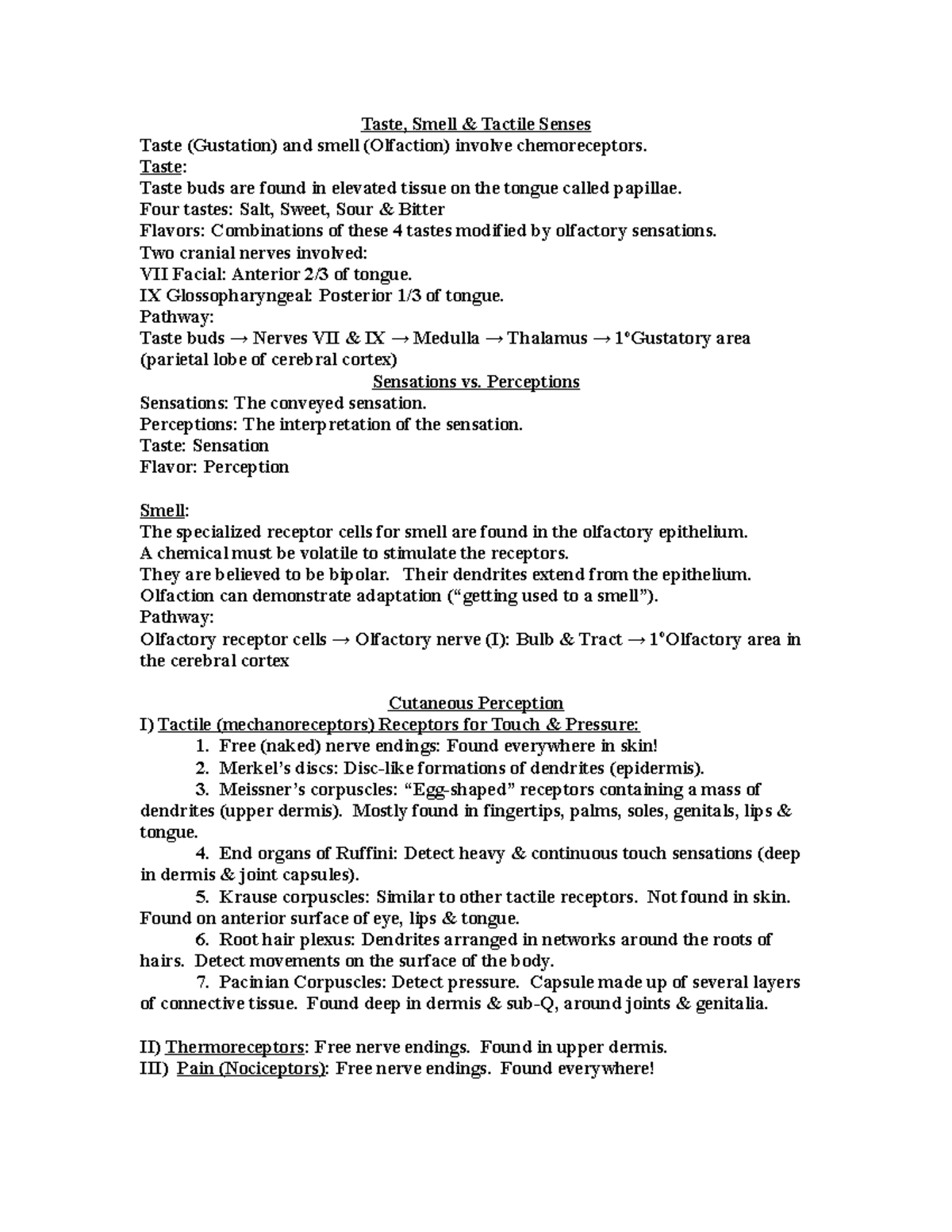 AP Taste, Smell & Tactile Senses - Taste, Smell & Tactile Senses Taste ...