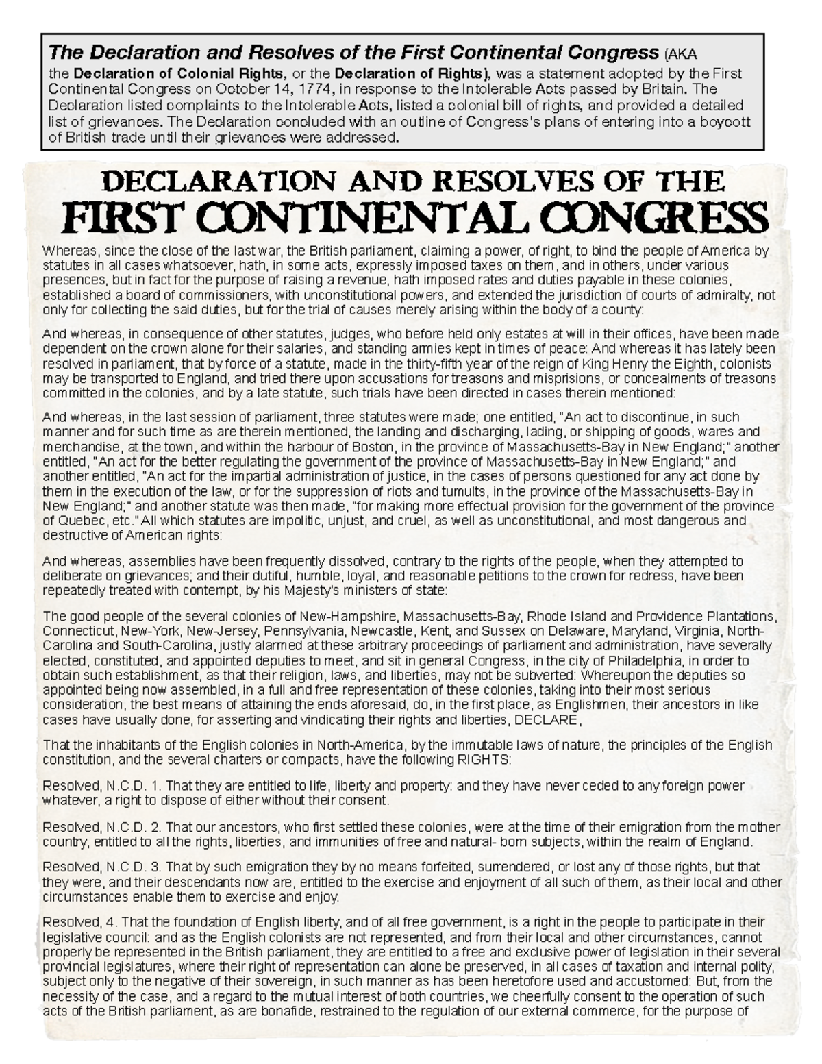 First Continental Congress Source - Declaration and Resolves of the ...