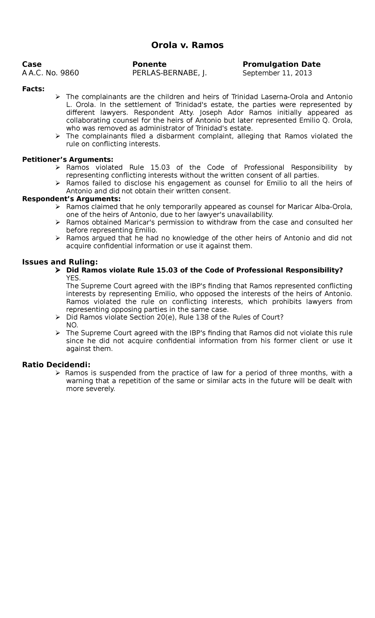SCRB4 - ethics - Orola v. Ramos Case Ponente Promulgation Date A A. No ...