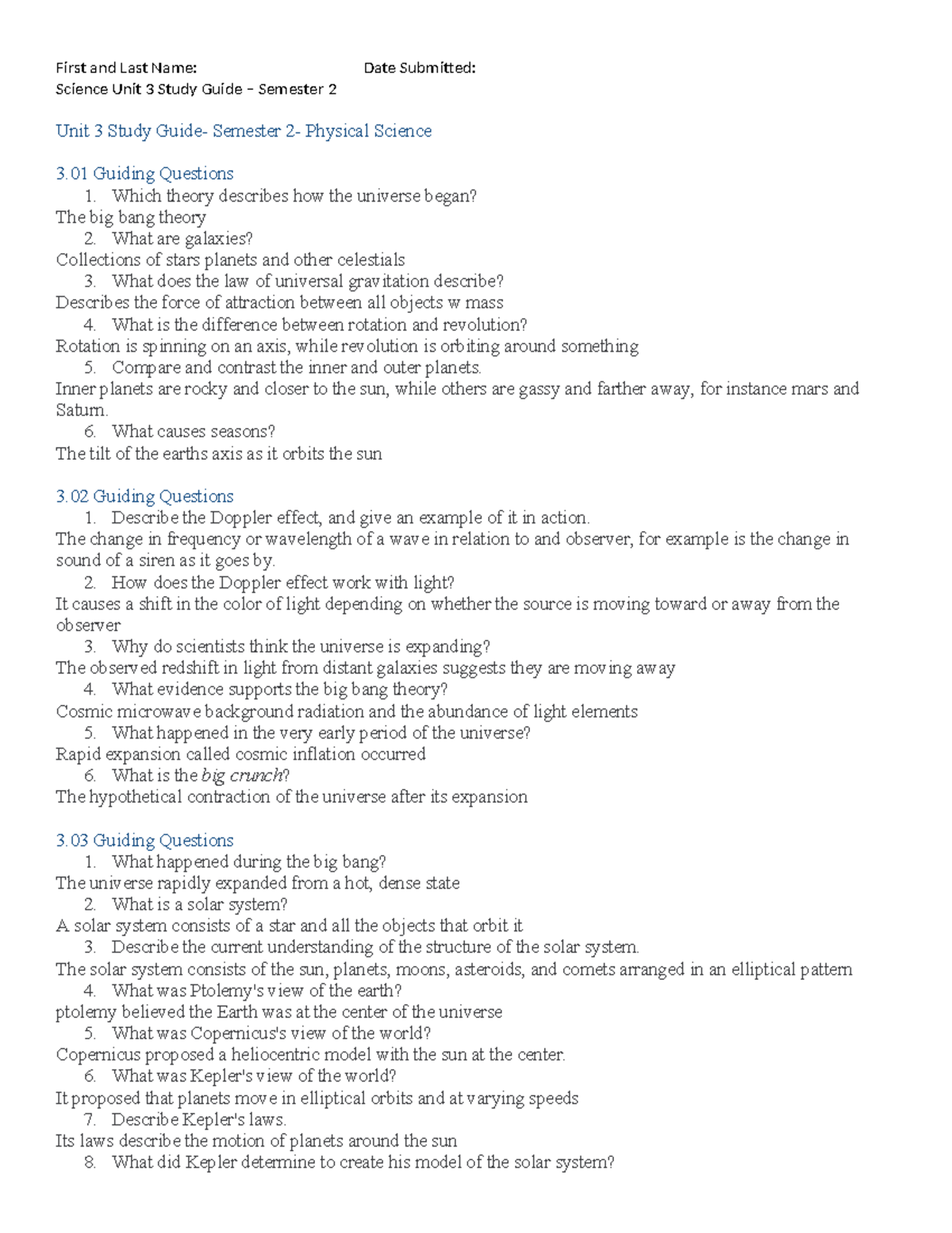 Science U3 Study Guide S2 - First and Last Name: Date Submitted ...