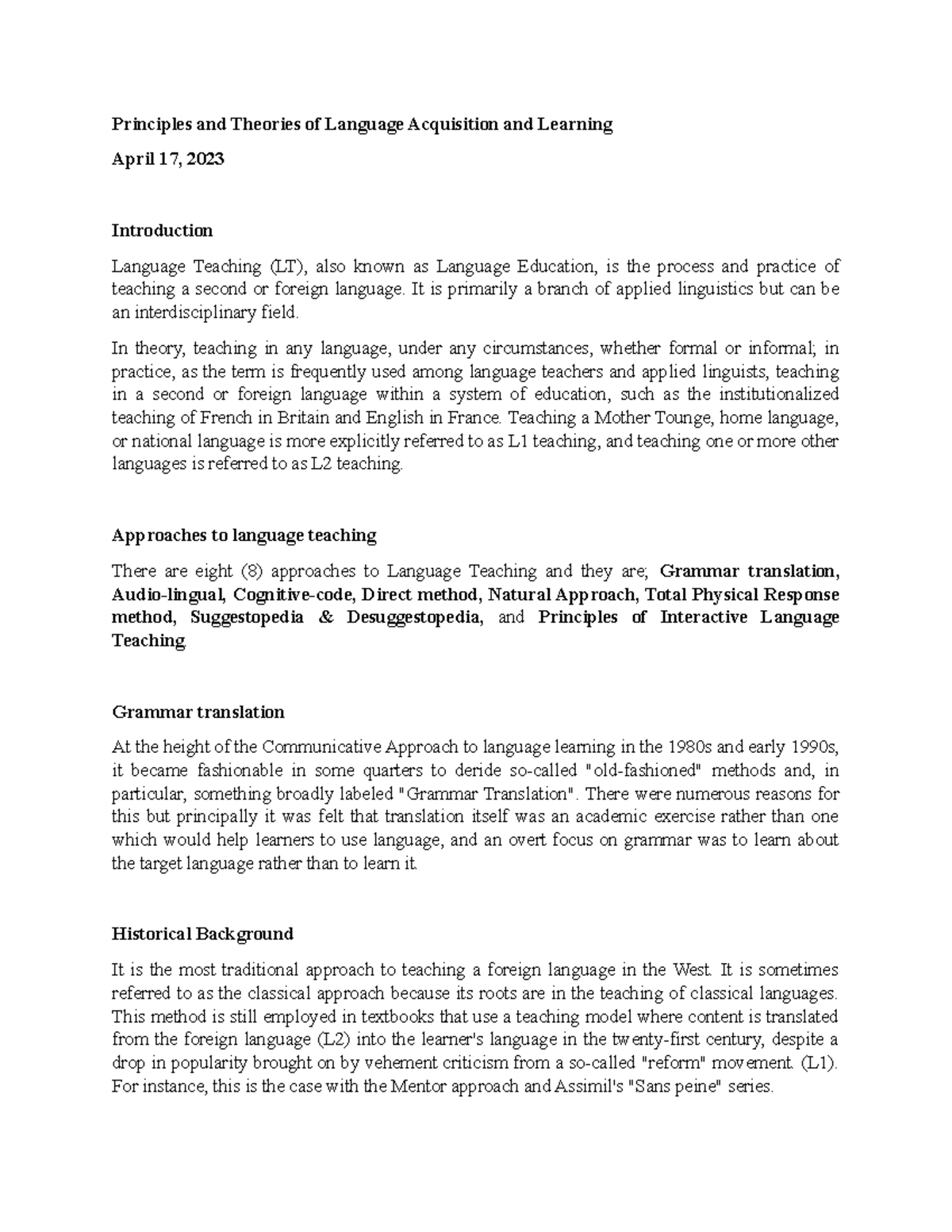 Grammar Translation - Principles and Theories of Language Acquisition ...