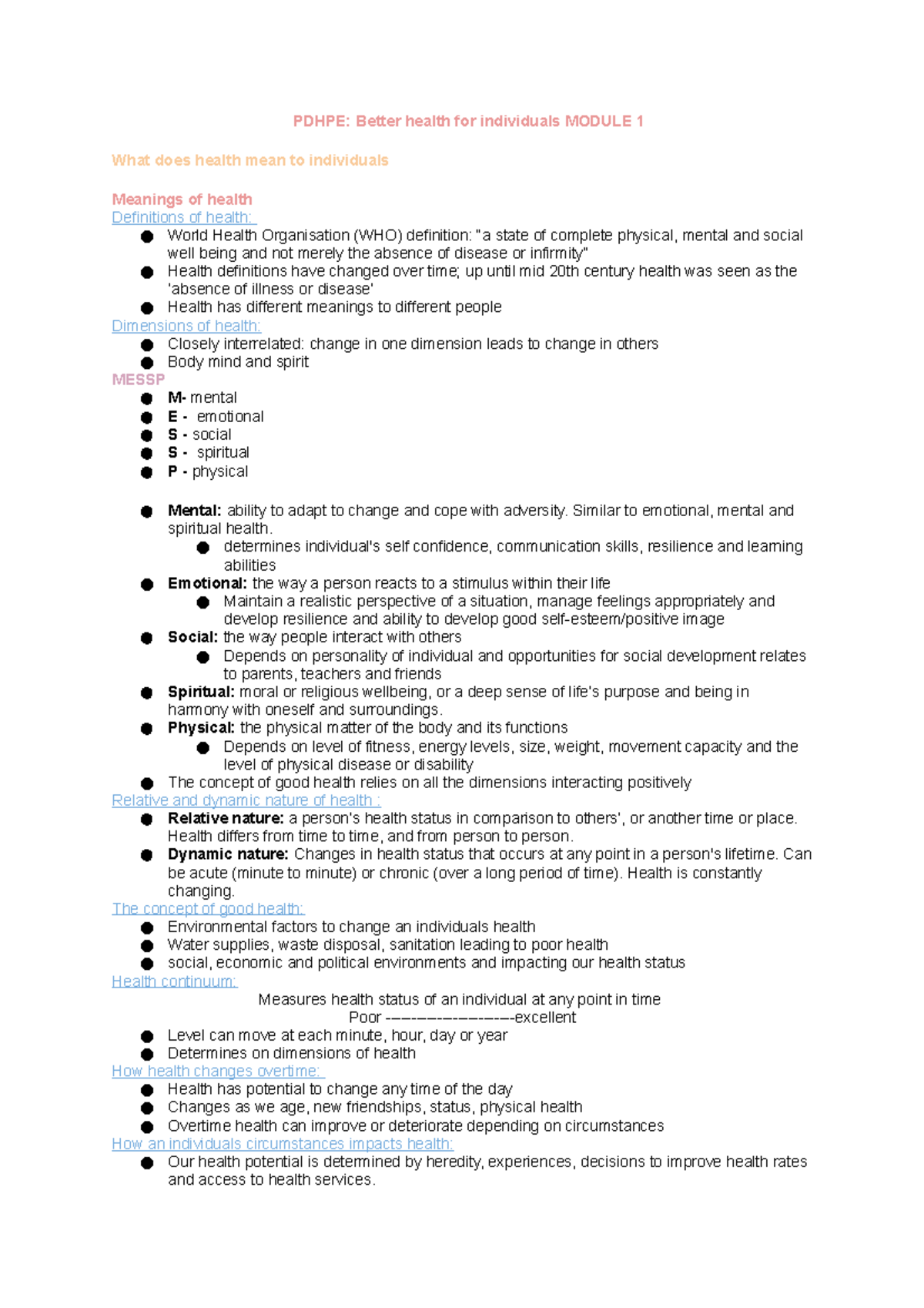 Prelim notes - Pdhpe - PDHPE: Better health for individuals MODULE 1 ...