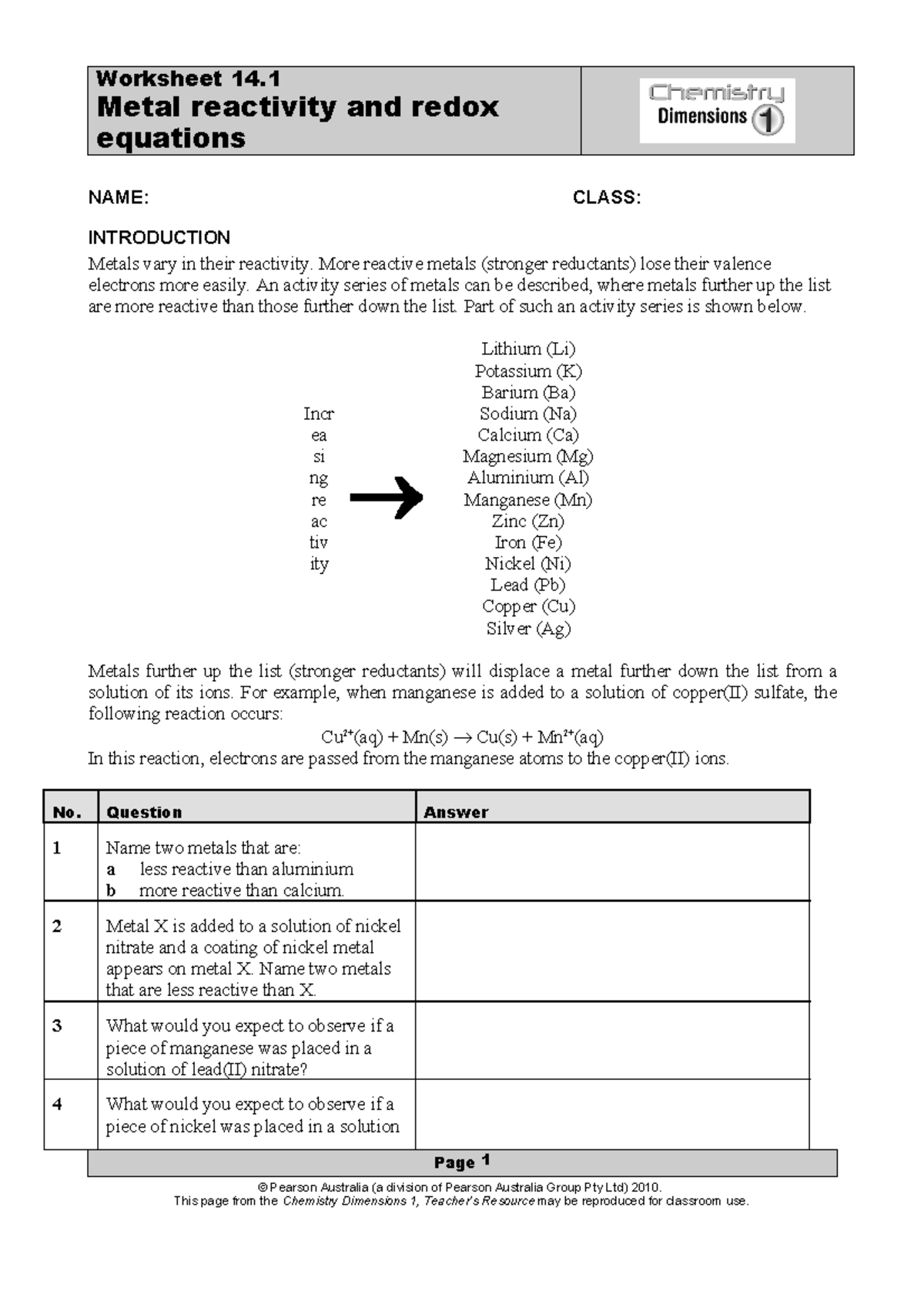 Metal Reactivity and Redox Eq. Worksheet - Worksheet 14. Metal ...