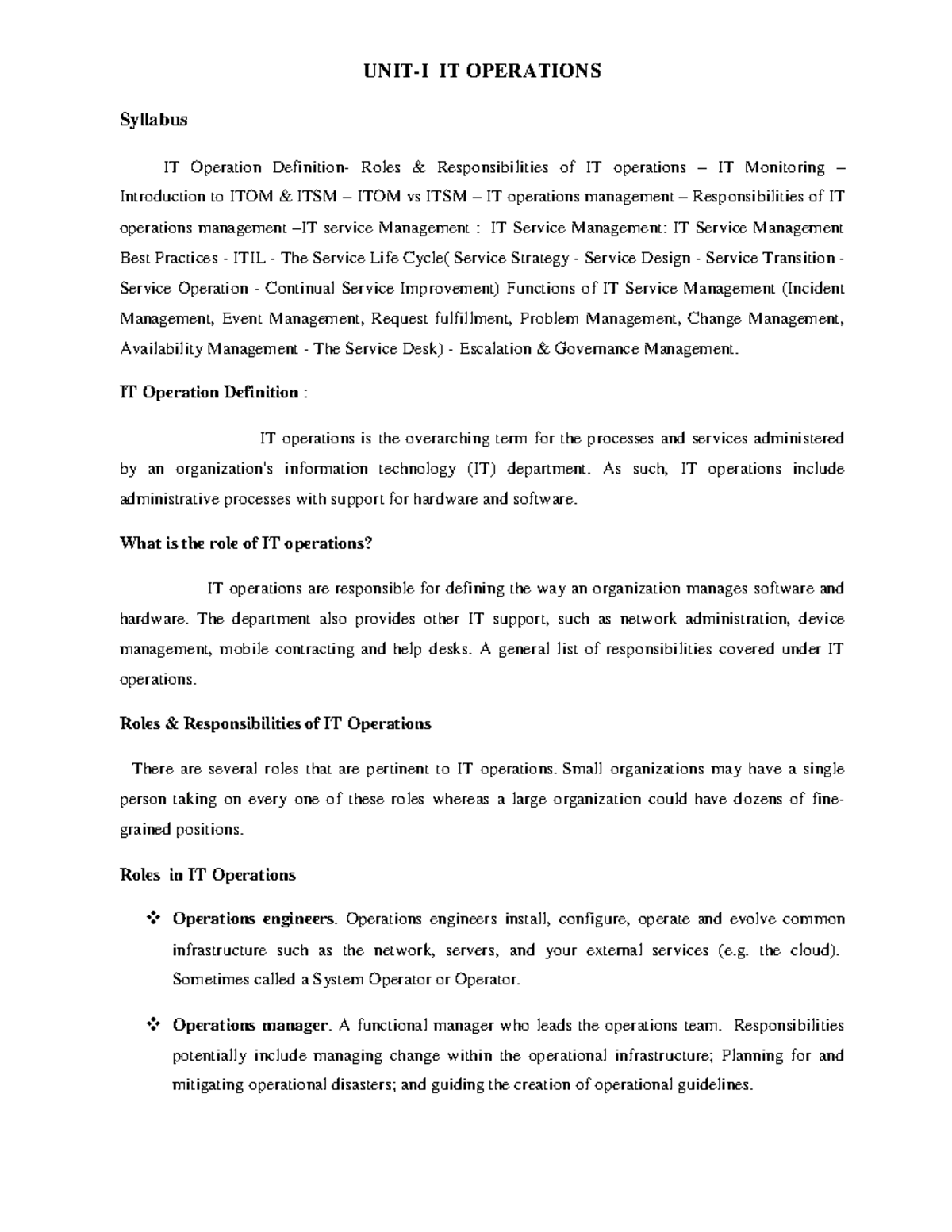Unit 1my - IT Operations unit notes - UNIT-I IT OPERATIONS Syllabus IT ...
