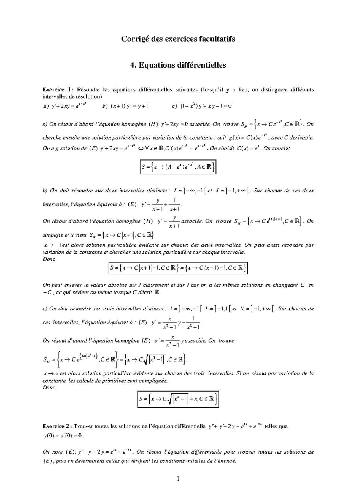 4.cor.Equa Diff - Corrigé des exercices facultatifs 4. Equations différentielles Exercice 1 ...