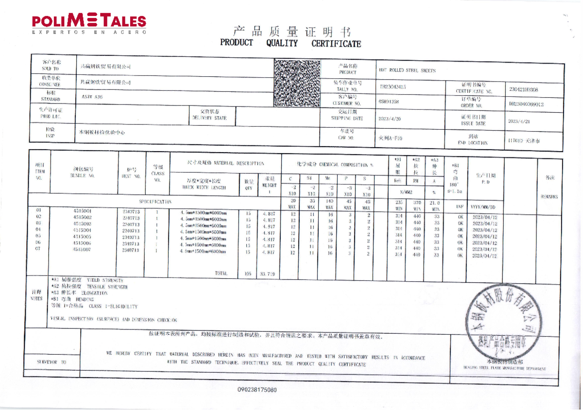 certificado de calidad plt. - POLIM TALES EXPERTOS EN ACERO iT PRODUCT ...