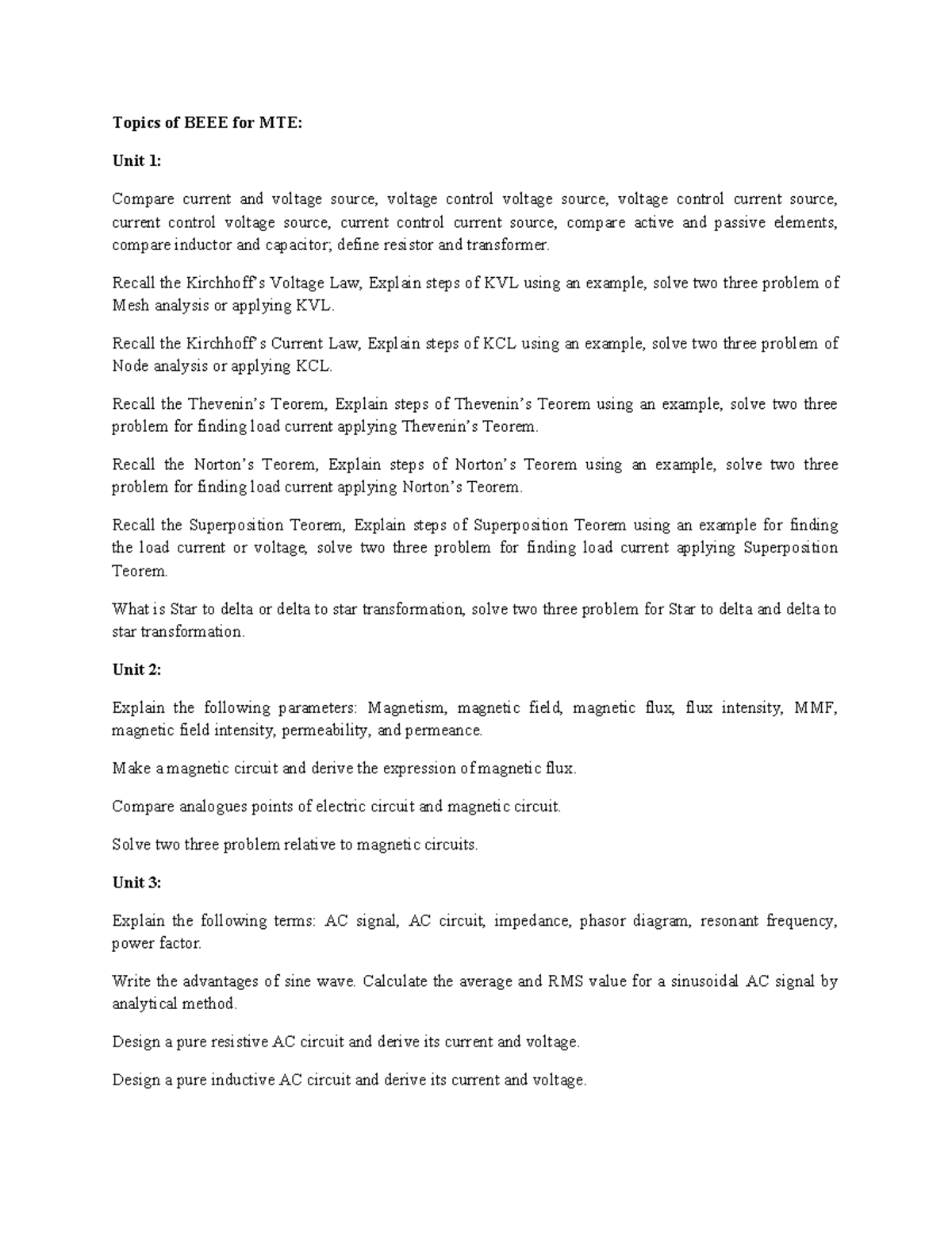 BEEE Topics for MTE - Gcihcc bjjb - Topics of BEEE for MTE: Unit 1: Compare current and voltage ...