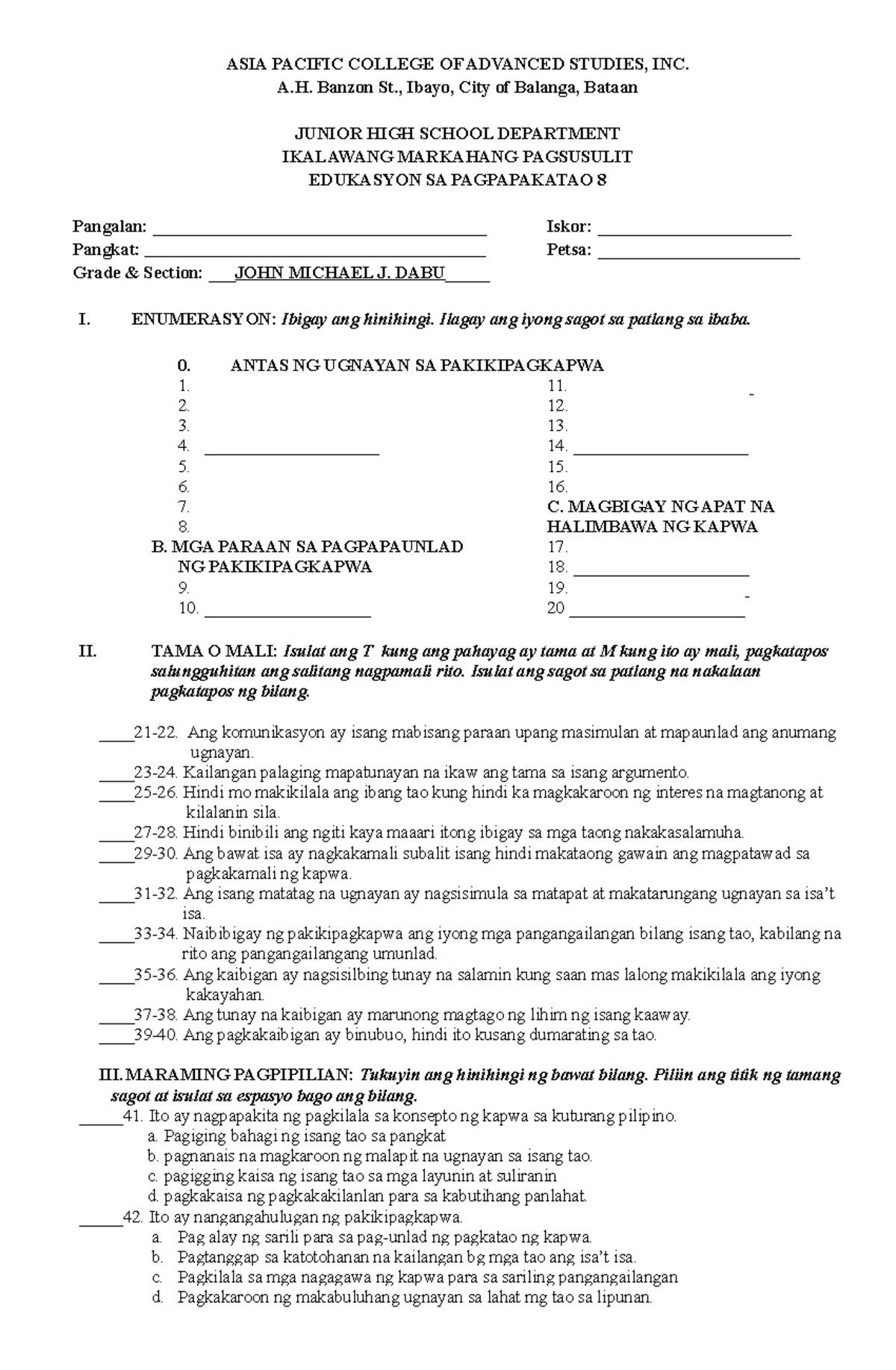 ESP 8- 2nd quarter - periodical - ASIA PACIFIC COLLEGE OF ADVANCED ...