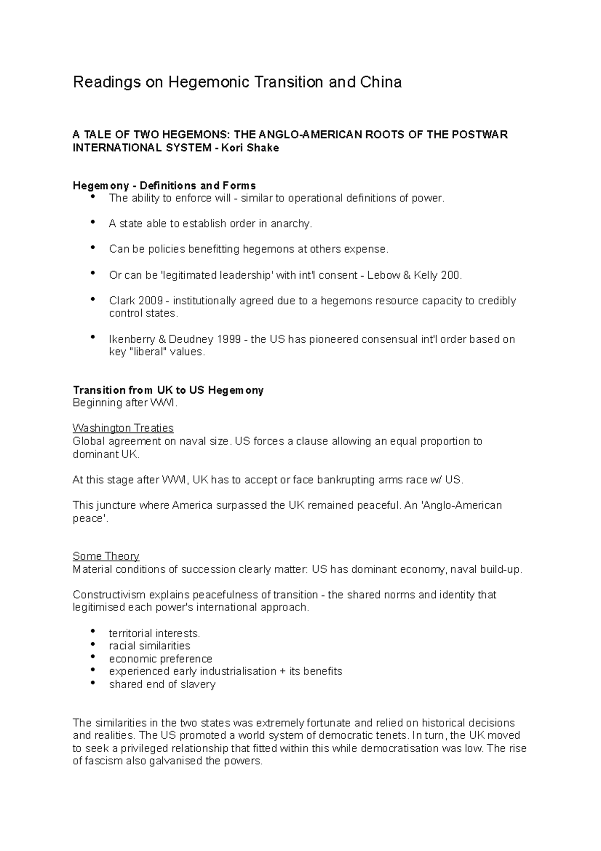 Readings on Hegemonic Transition and China - A state able to establish ...