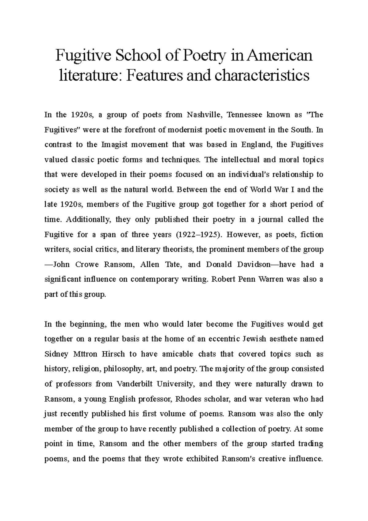 Fugitive School of Poetry in American literature Features and ...