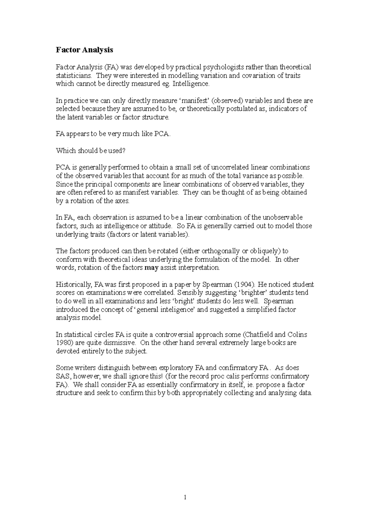 FA Intro Notes - Factor Analysis Factor Analysis (FA) was developed by ...