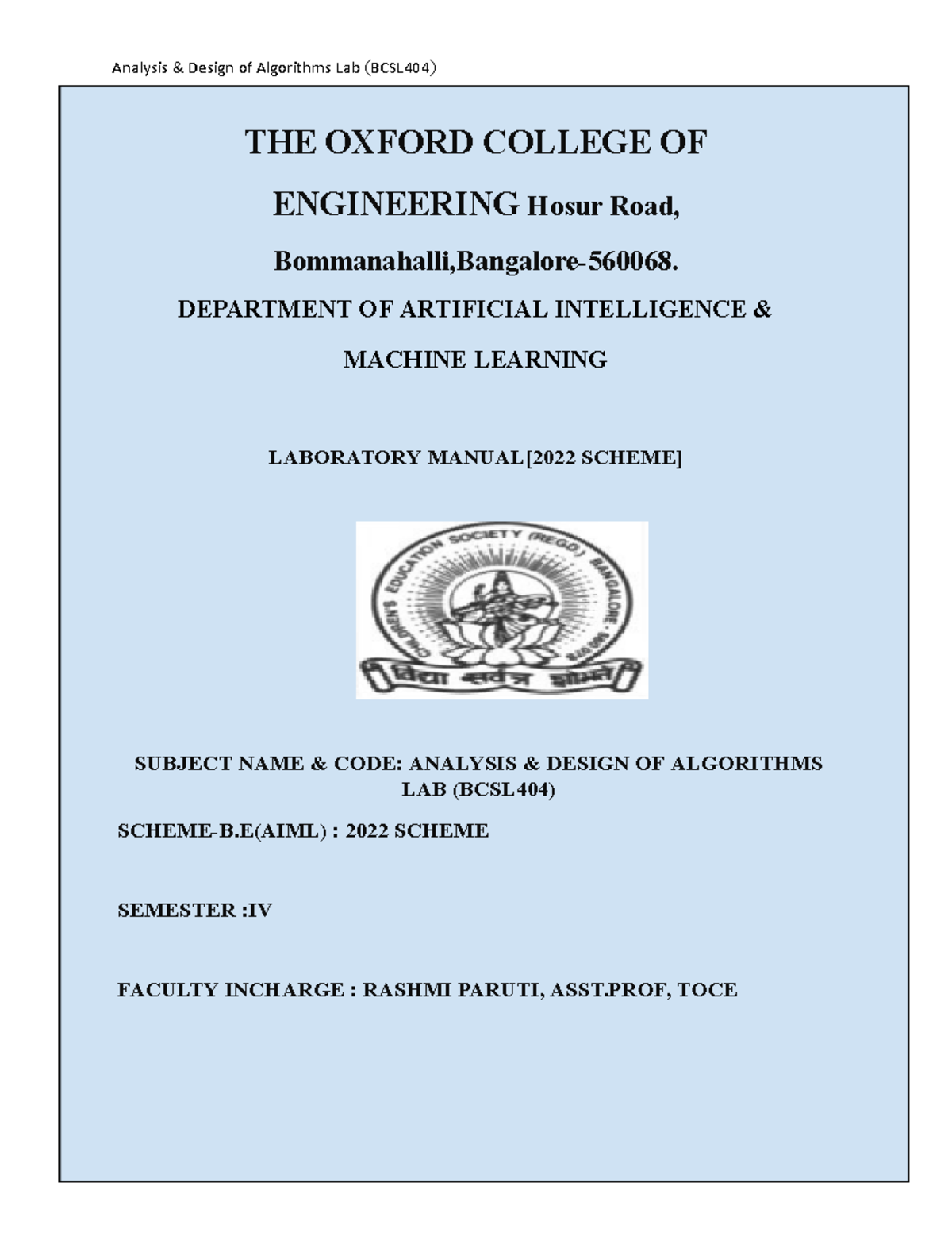 ADA BCSL404 LAB Manual - Analysis & Design of Algorithms Lab (BCSL404 ...