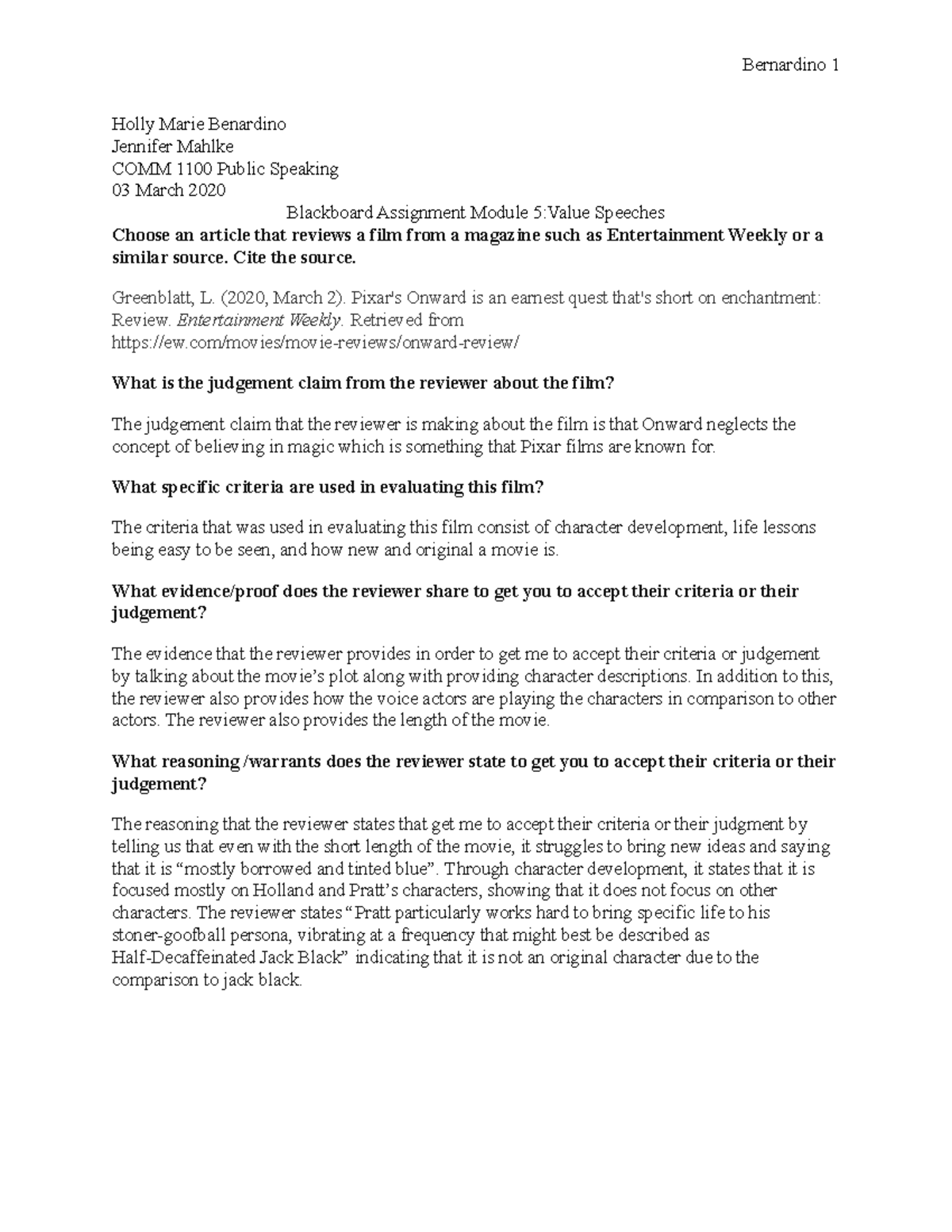 COMM1100 Blackboard Assignment Value Speeches - Bernardino 1 Holly ...