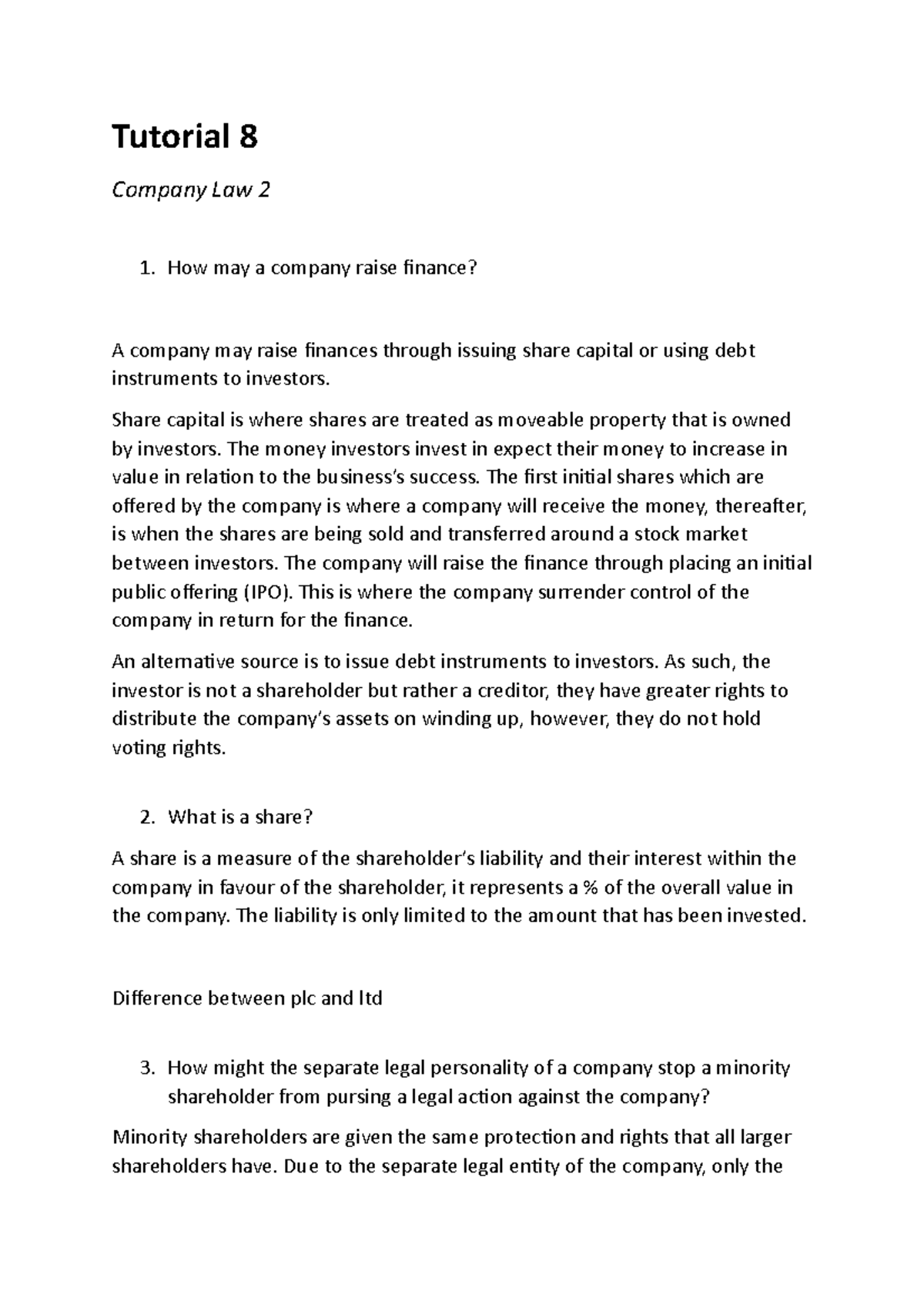Tutorial 8 questions - Week 8 company law pt.2 - Tutorial 8 Company Law ...
