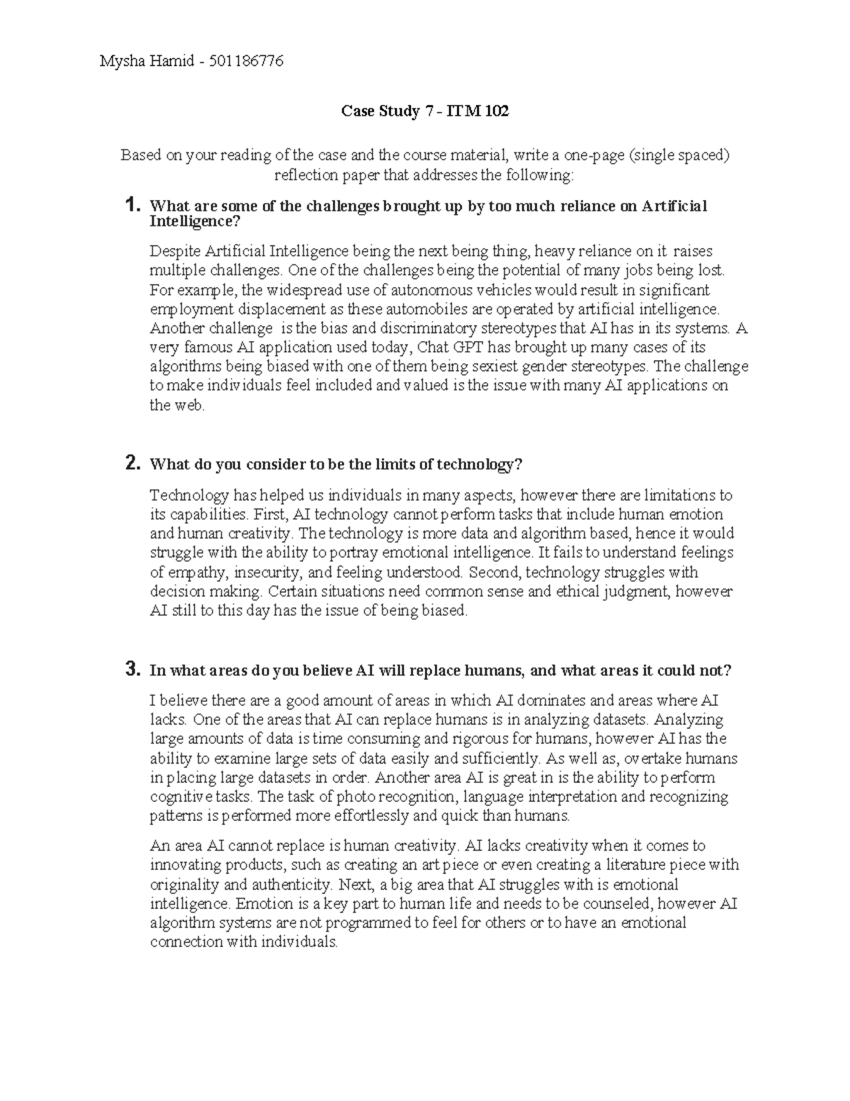 Case Study 7 - IT 20 - Mysha Hamid - 501186776 Case Study 7 - ITM 102 Based on your reading of ...