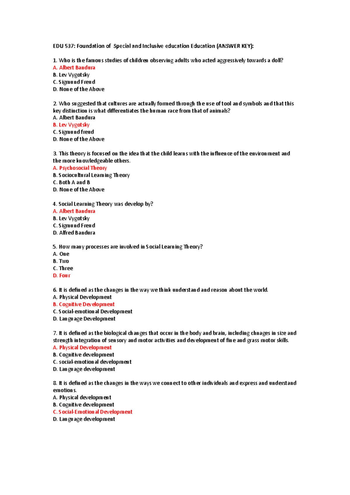 EDU 537 100 Answer KEY - EDU 537: Foundation of Special and Inclusive ...