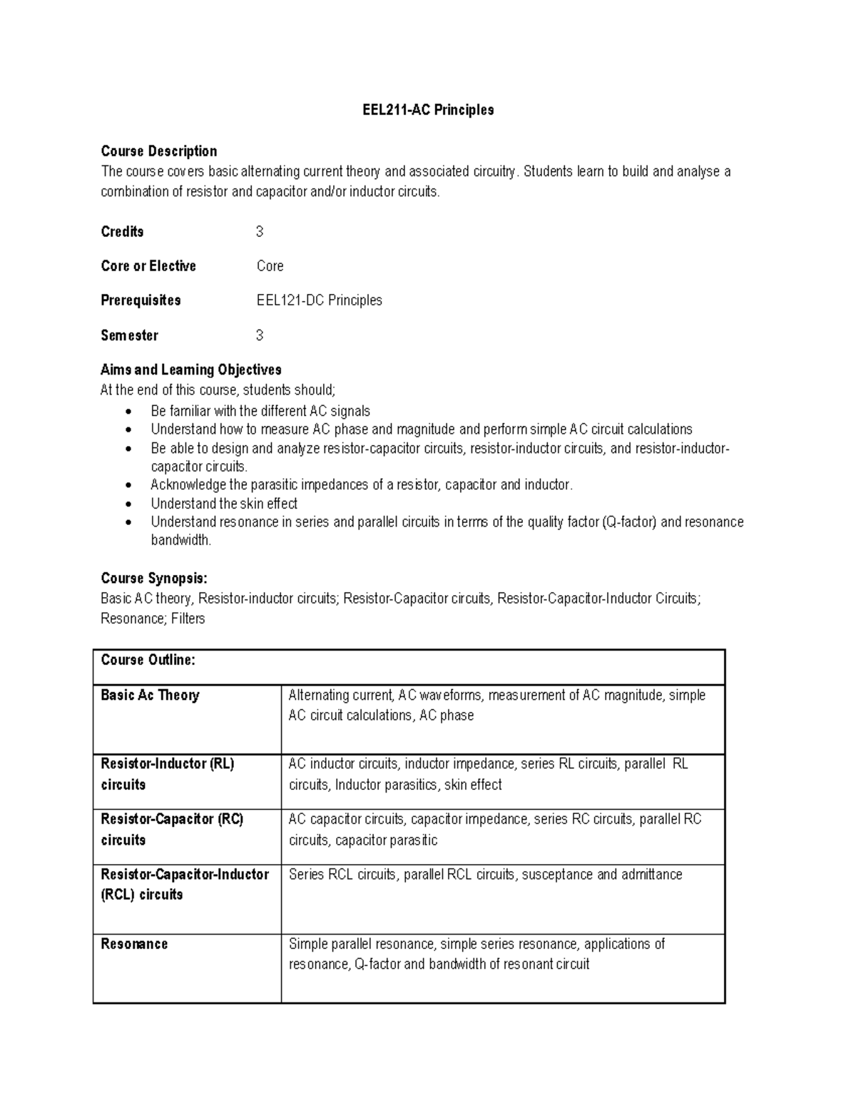 EEL211 Course Outline 2018/2019 ac principles - EEL211-AC Principles ...