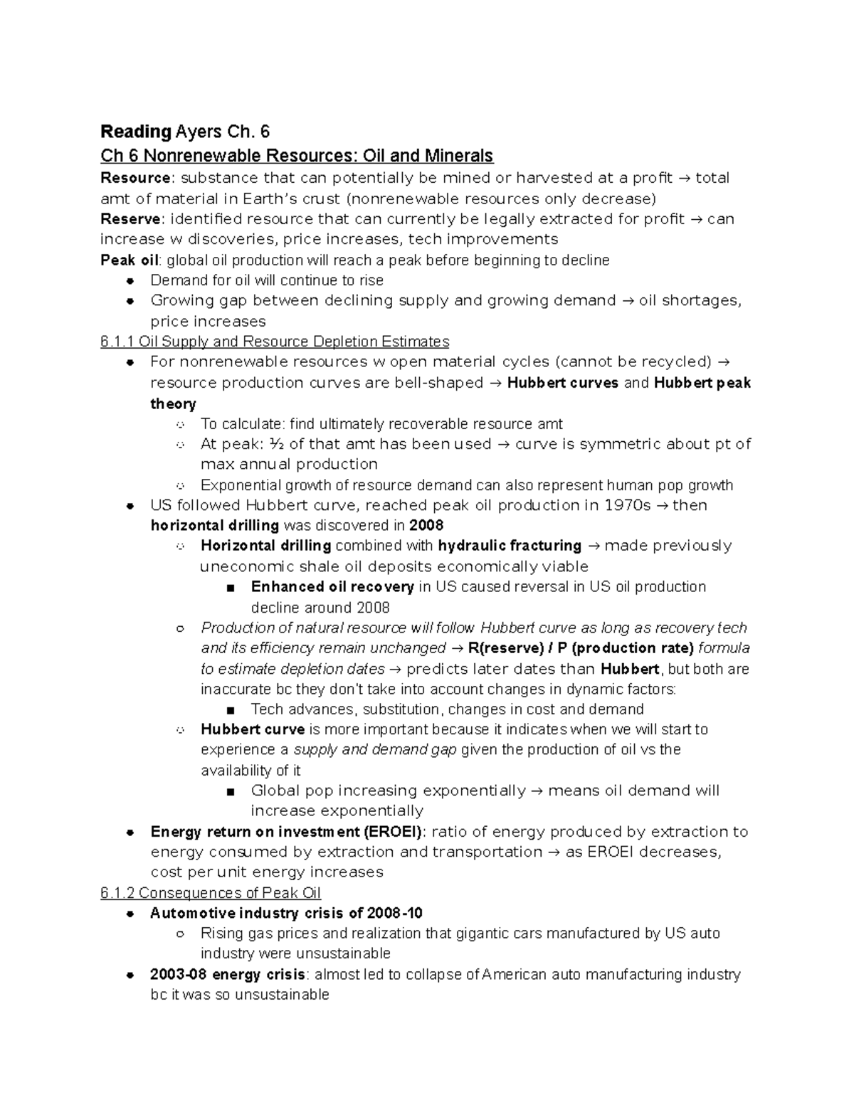 Sustainability Week 6 - Reading Ayers Ch. 6 Ch 6 Nonrenewable Resources ...