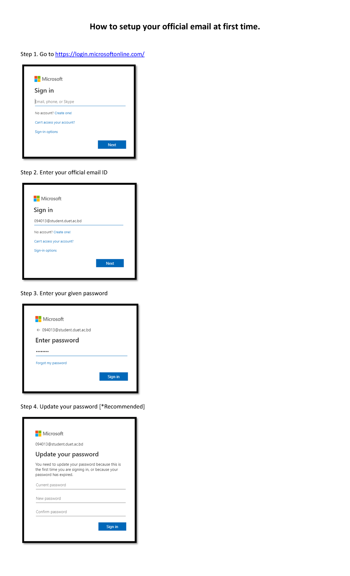 How to setup your official email - Step 1. Go to login.microsoftonline ...