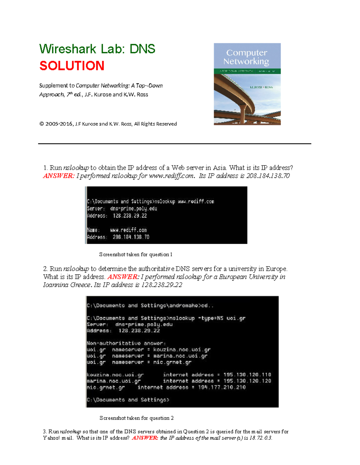 Lab 5 Dns Wireshark Lab Dns Solution Supplement To Computer Networking A Top ‐down Approach