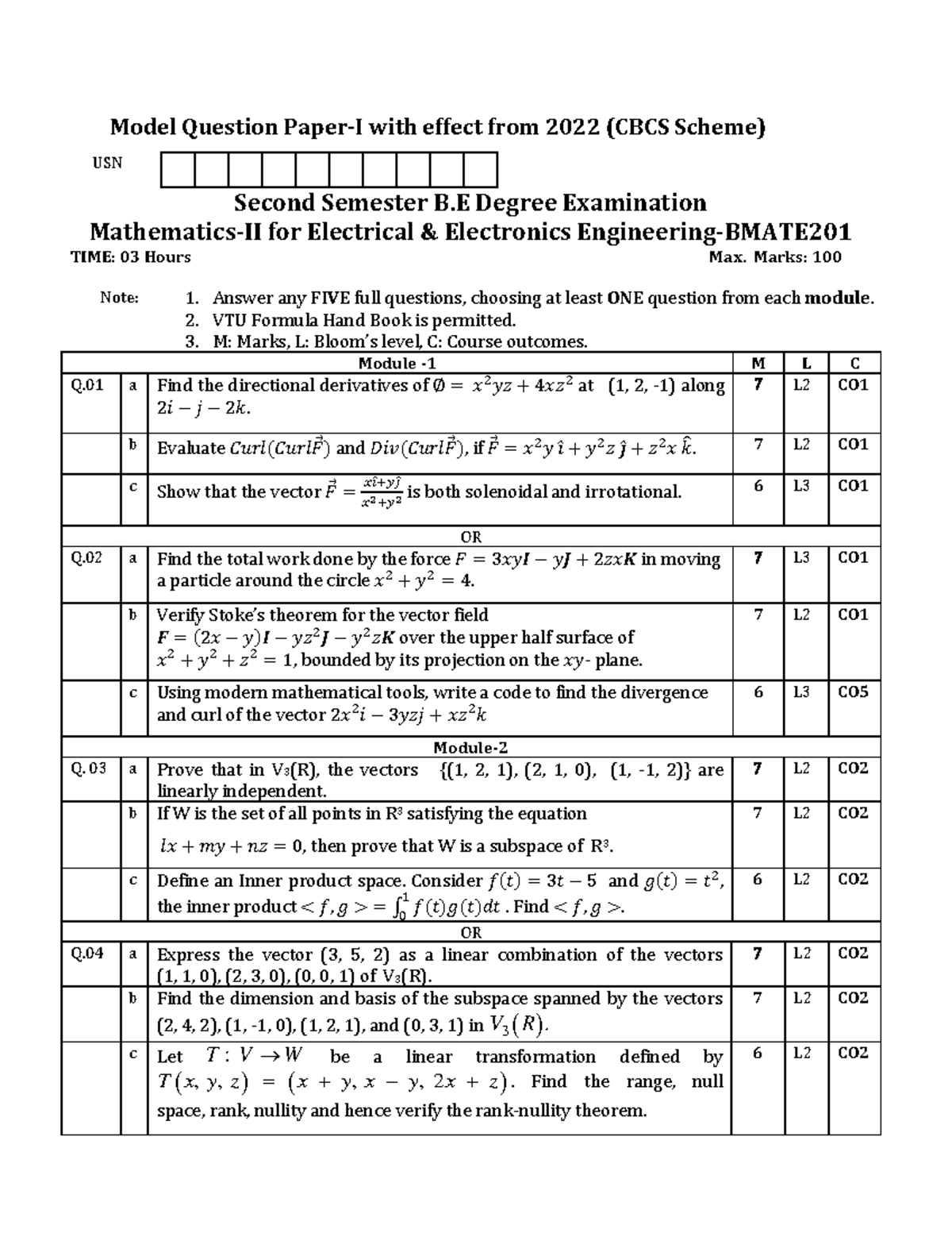 Model QP01 Bmate 201 for ELE & EC Stream-1 - Model Question Paper-I ...