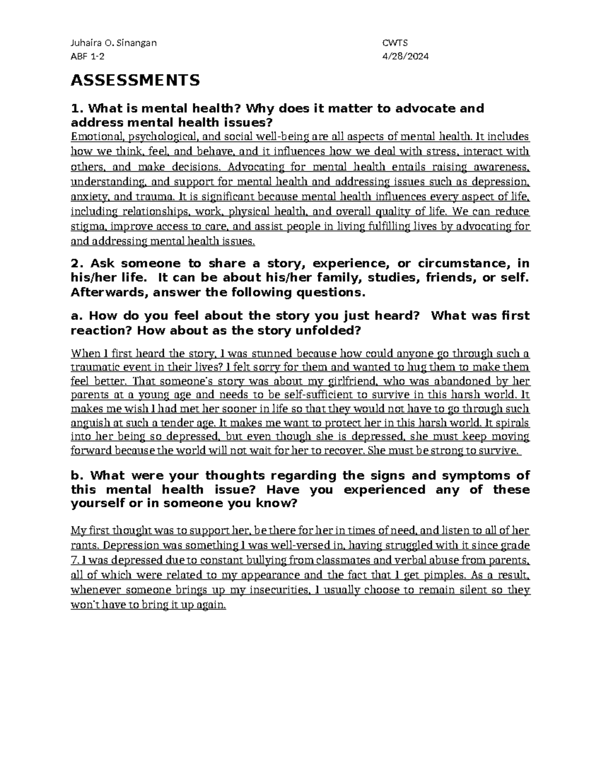 Assignment Module 2 Mental Health and Self Awareness - Juhaira O ...