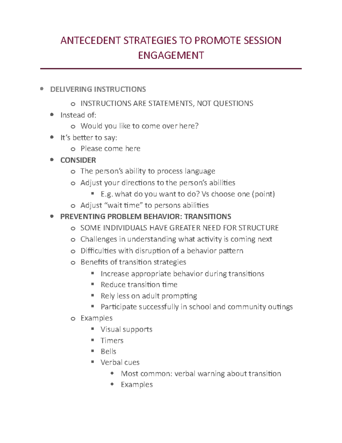 Antecedent Strategies TO Promote Session Engagement - ANTECEDENT ...