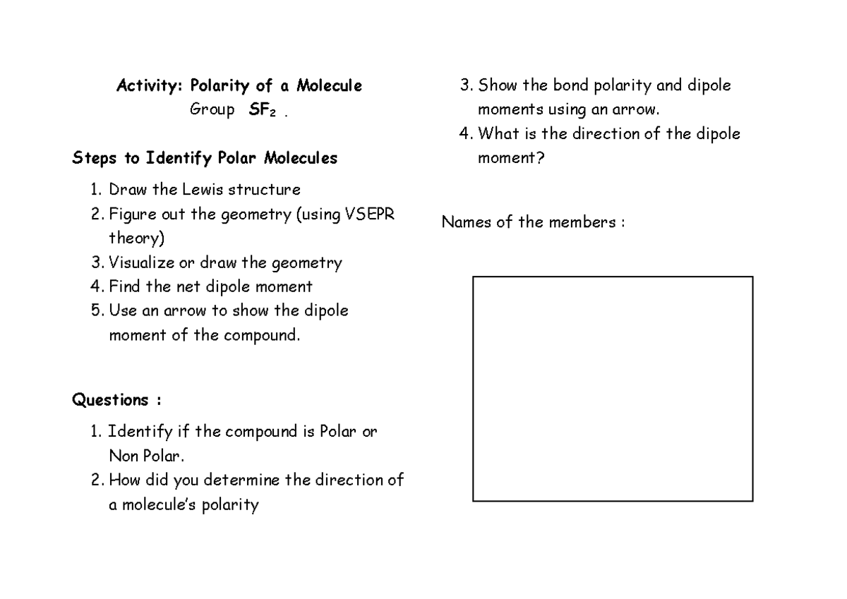 Activity polarity - Group SF 2. Steps to Identify Polar Molecules Draw ...