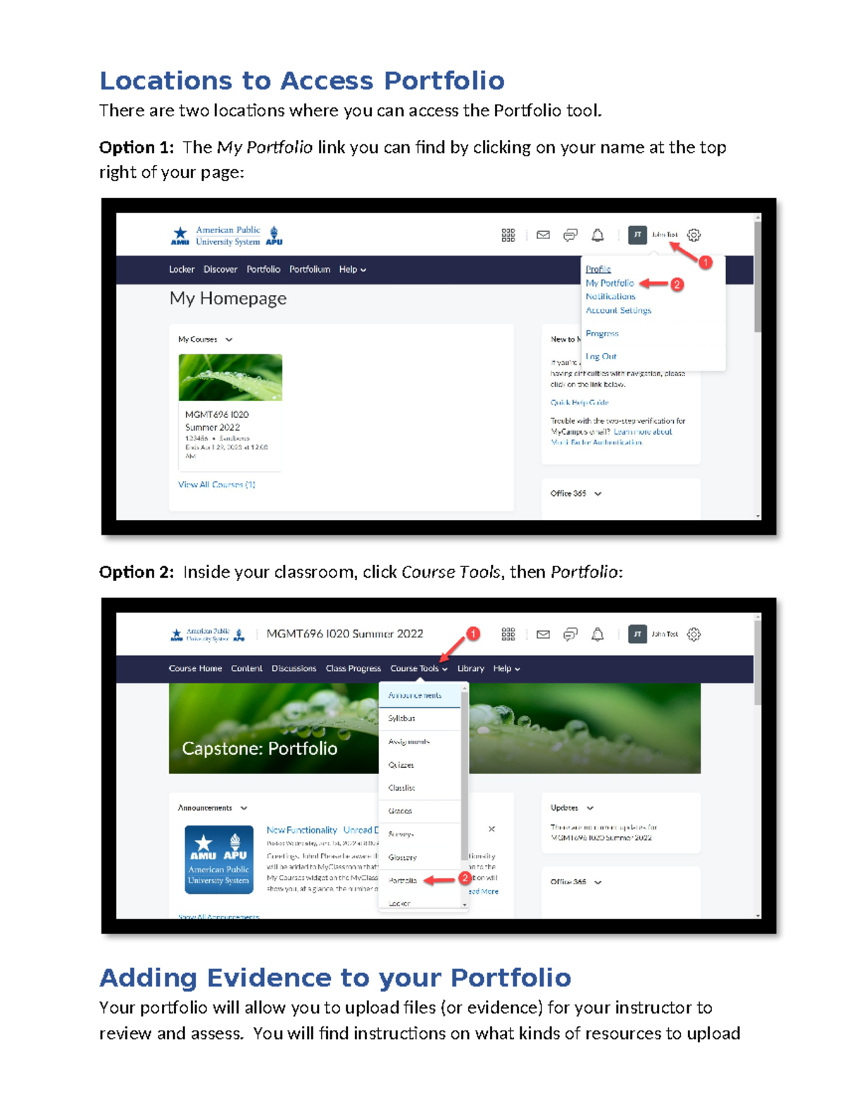 Portfolio Instructions - Locations to Access Portfolio There are two ...