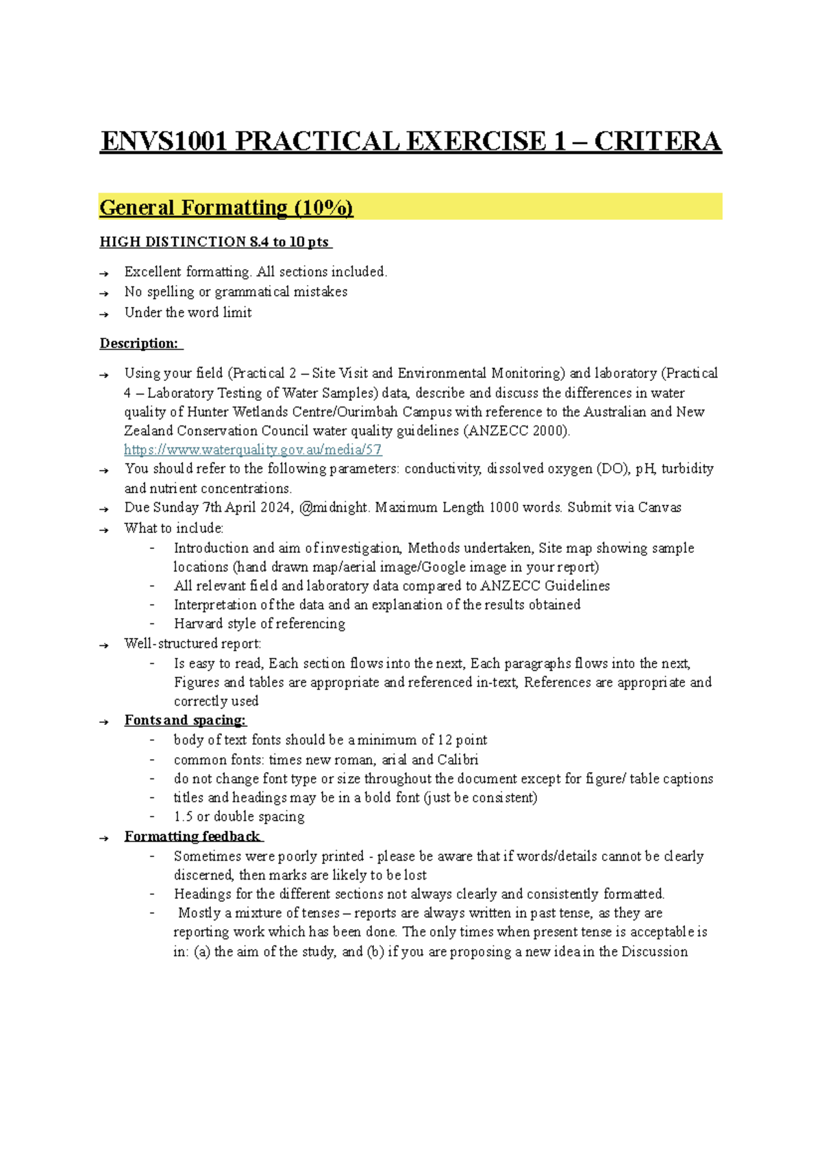 ENVS1001 Practical Exercise 1 Criteria - ENVS1001 PRACTICAL EXERCISE 1 – CRITERA General ...