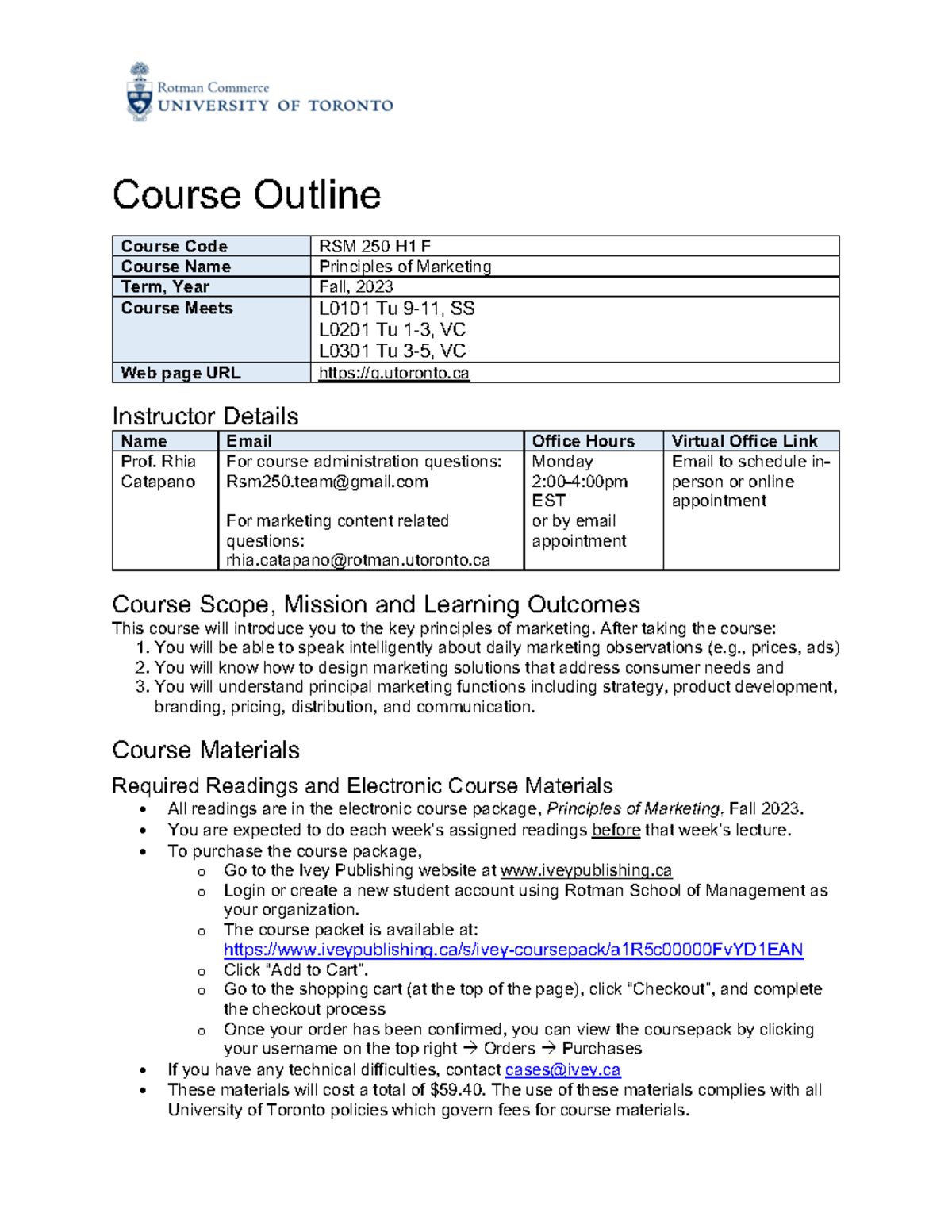 RSM250 Fall 2023 Syllabus (Updated Oct 23) - Course Outline Course Code ...