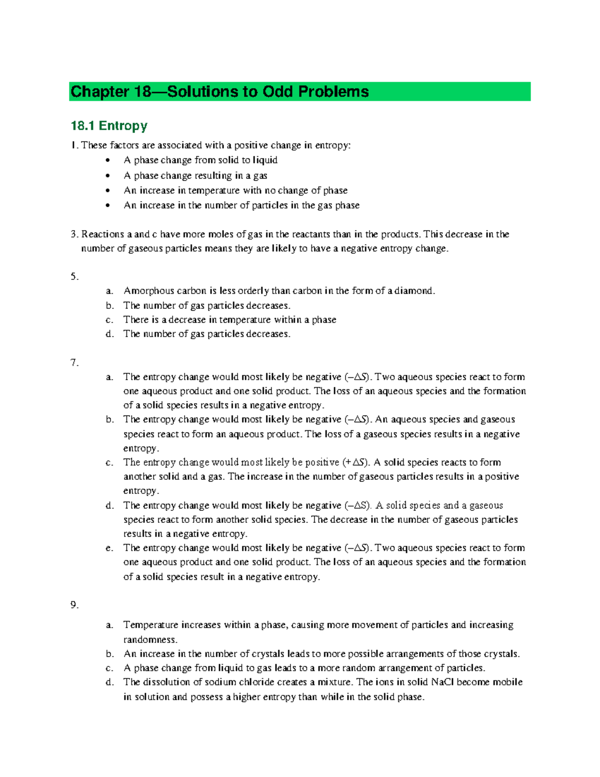 Gen Chem SIB EOC18 - Study guide - Chapter 18—Solutions to Odd Problems 18 Entropy These factors ...