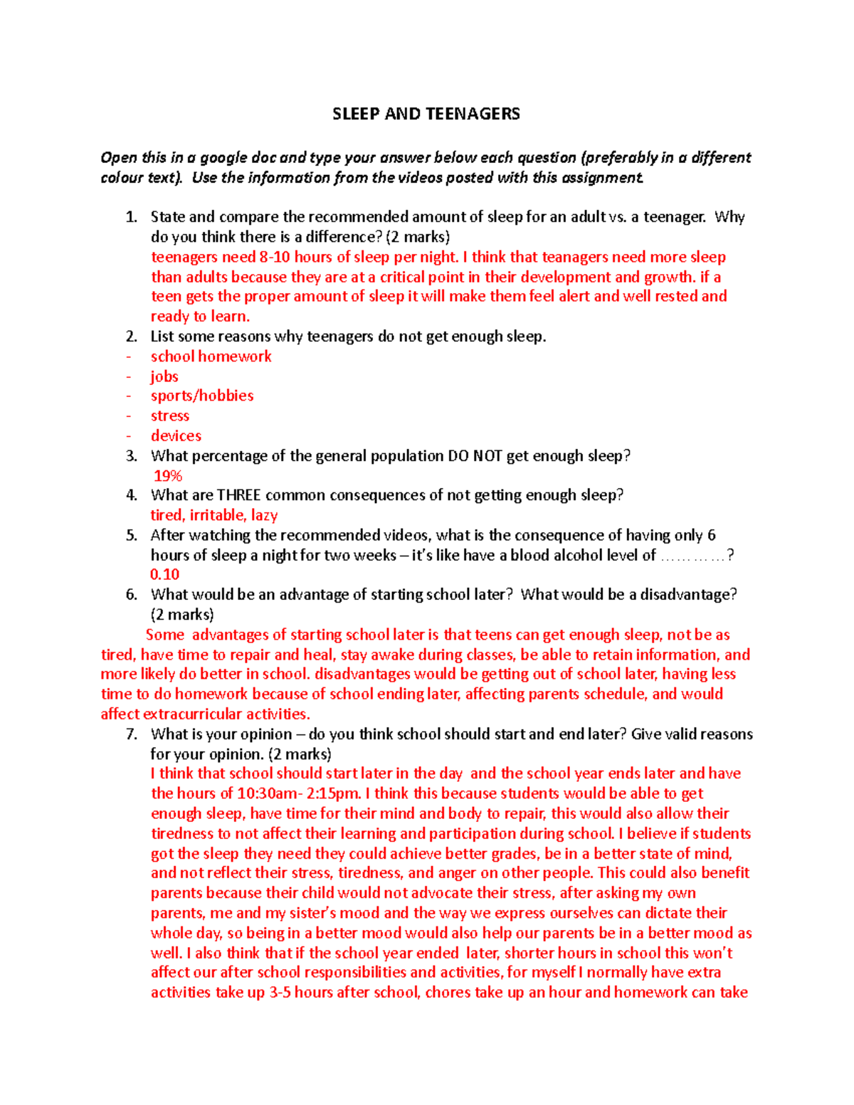 Sleep and teenagers - SLEEP AND TEENAGERS Open this in a google doc and ...