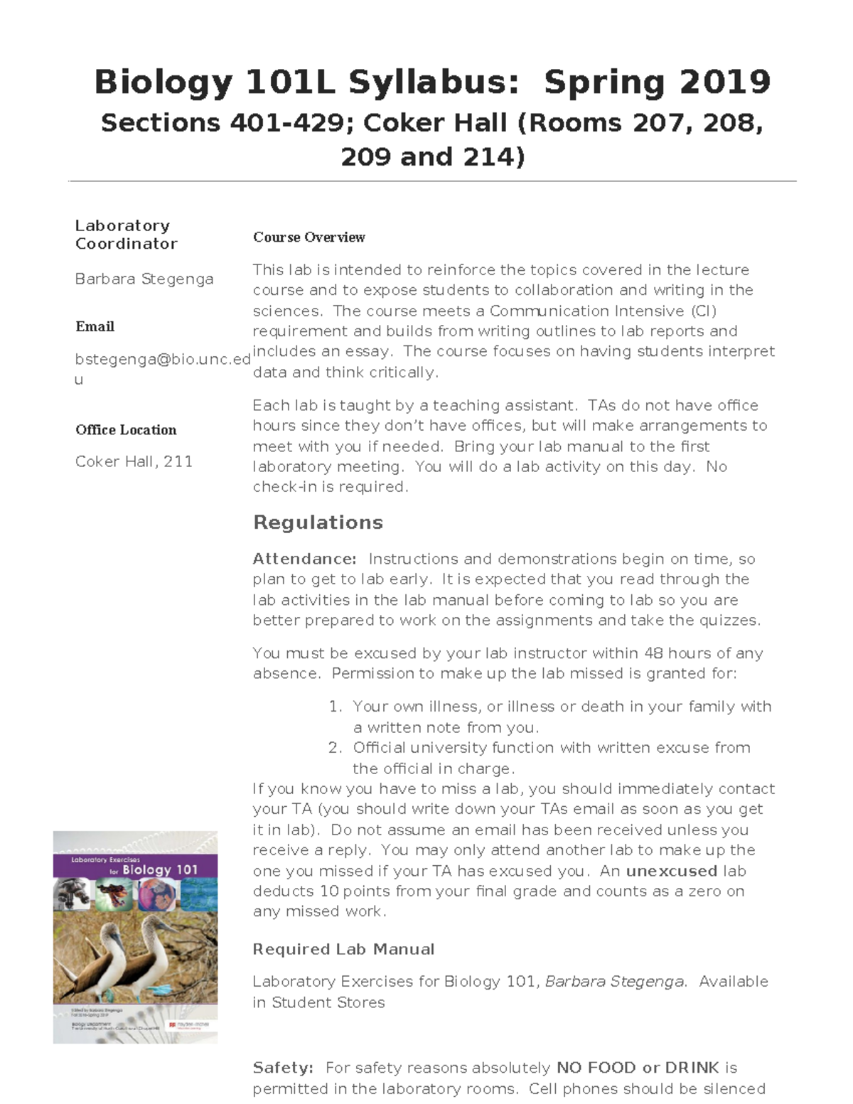 101 labs Stegenga Spg 19 v2 - Biology 101L Syllabus: Spring 2019 ...