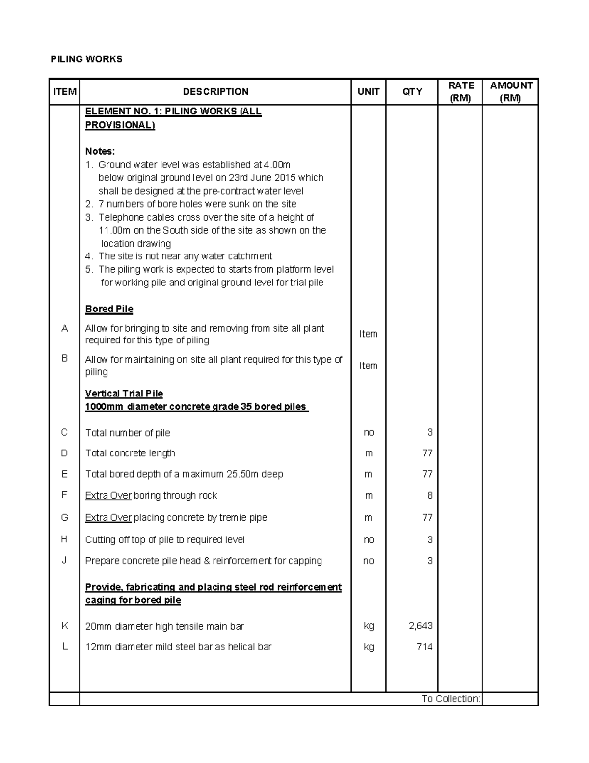 Billing Bored Pile - Measurement - PILING WORKS ELEMENT NO. 1: PILING ...