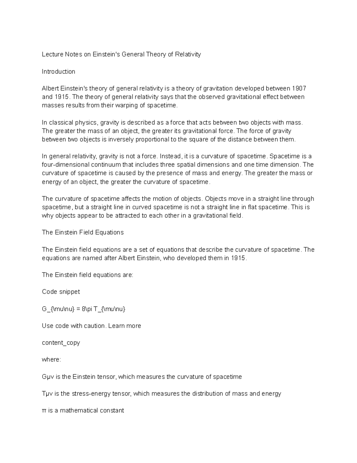 Lecture Notes on Einsteins General Theory of Relativity - Lecture Notes ...