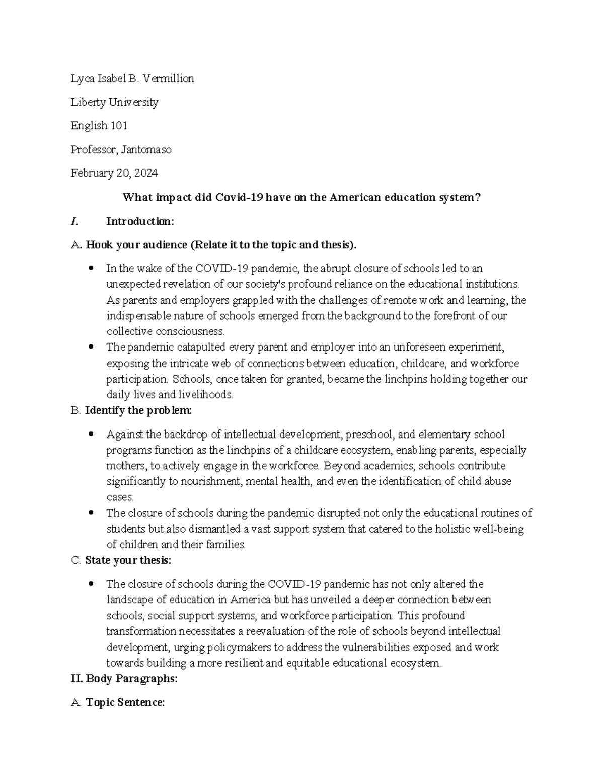 Week 6 outline - Lyca Isabel B. Vermillion Liberty University English ...