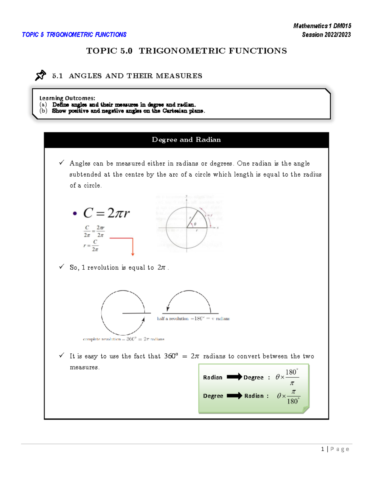 Nota topic 5 - TRIGONOMETRIC FUNCTIONS - TOPIC 5 TRIGONOMETRIC FUNCTIONS Session 2022/ Learning ...