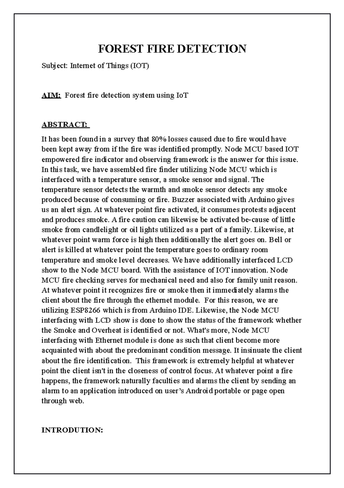 Forest FIRE Detection Report - FOREST FIRE DETECTION Subject: Internet ...