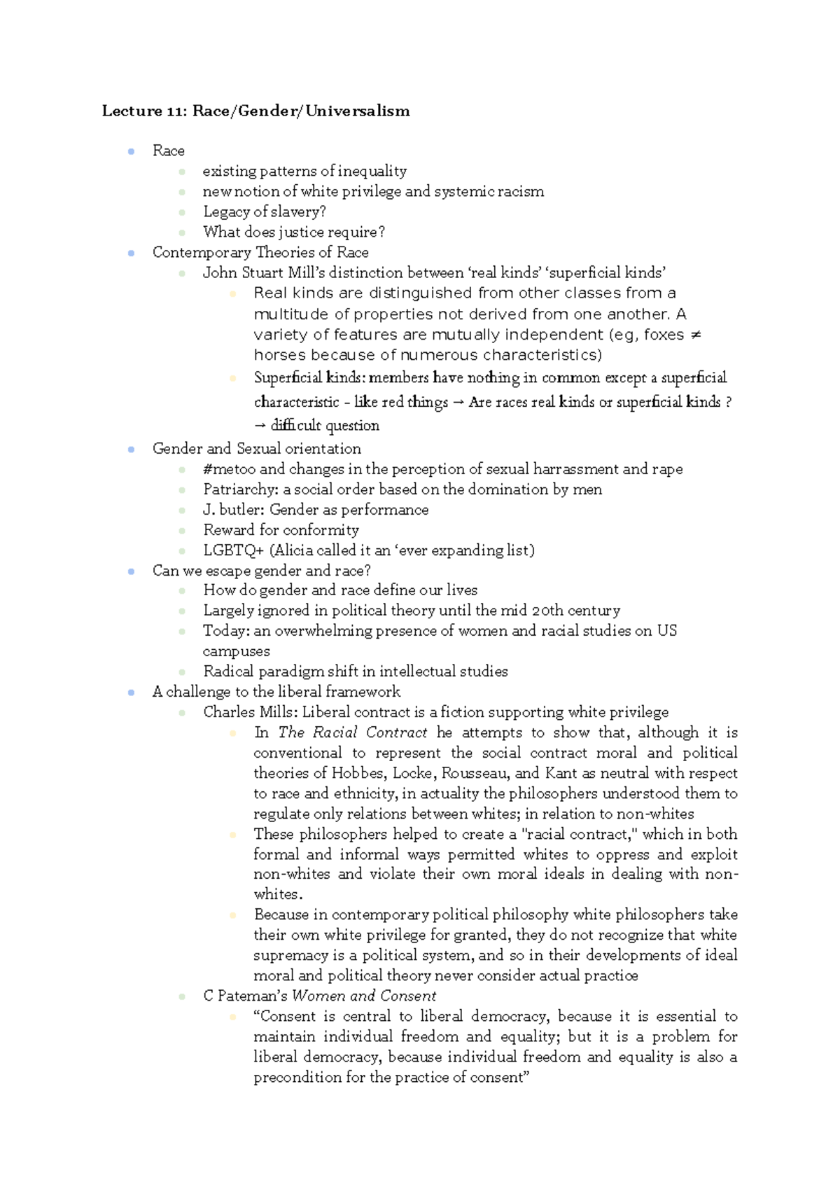 Lectures 11 & 12 Race Gender Universalism - Lecture 11: Race/Gender ...