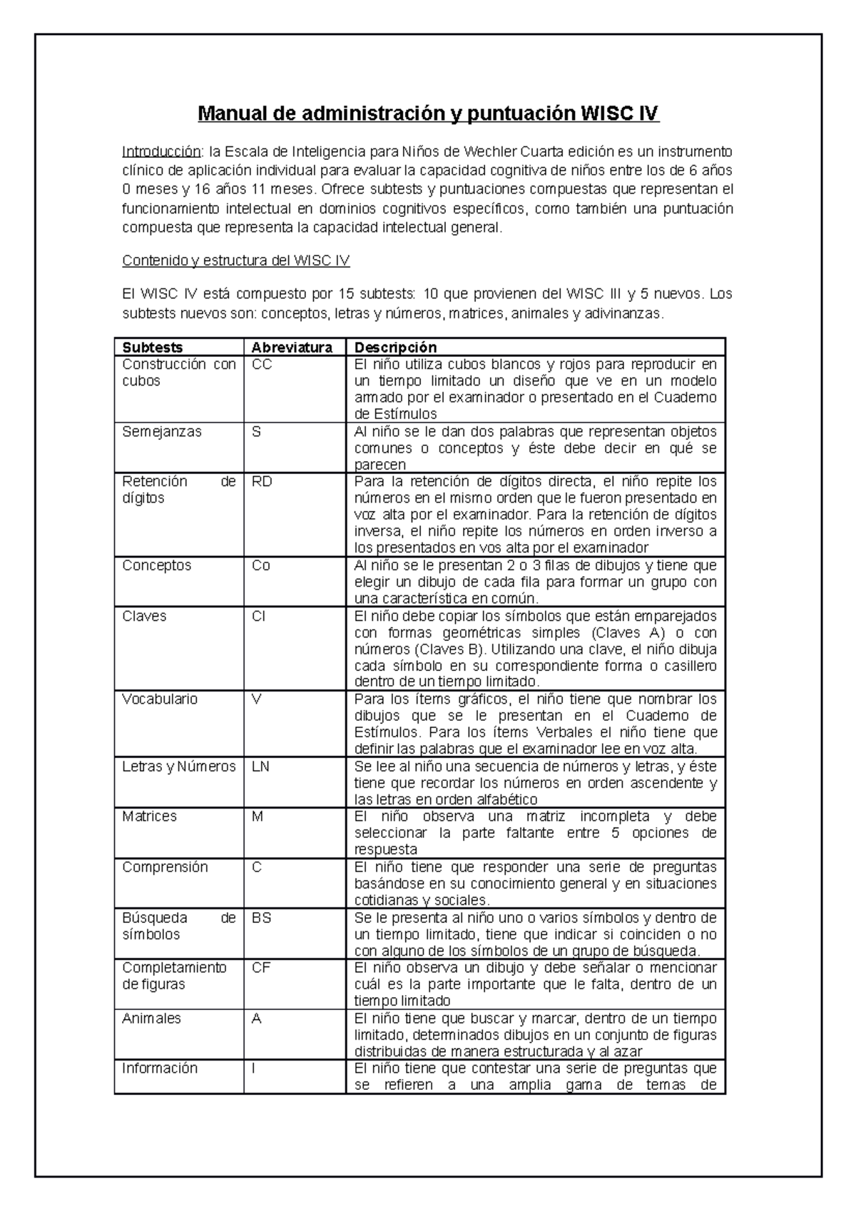 Manual de administración y puntuación WISC IV - Manual de administración y puntuación WISC IV ...