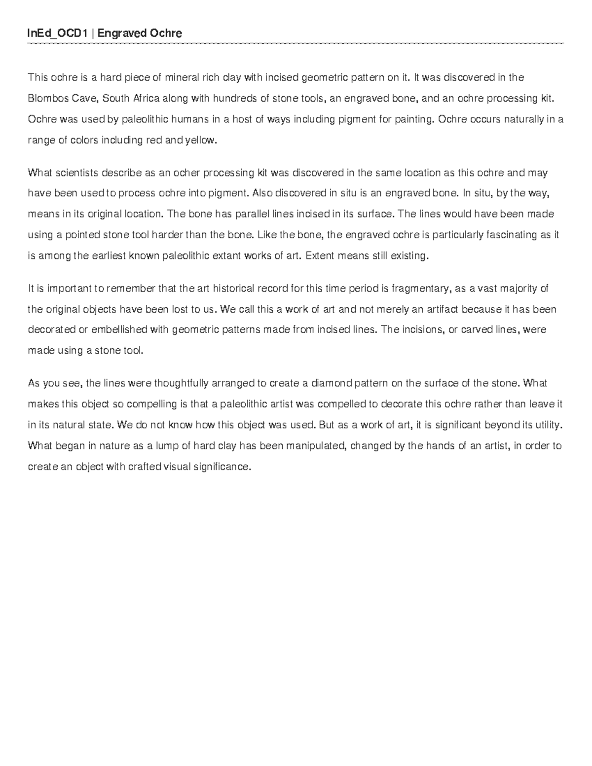 2 Engraved Ochre - History of Visual Arts AR2050 Lecture Notes Module 1 ...