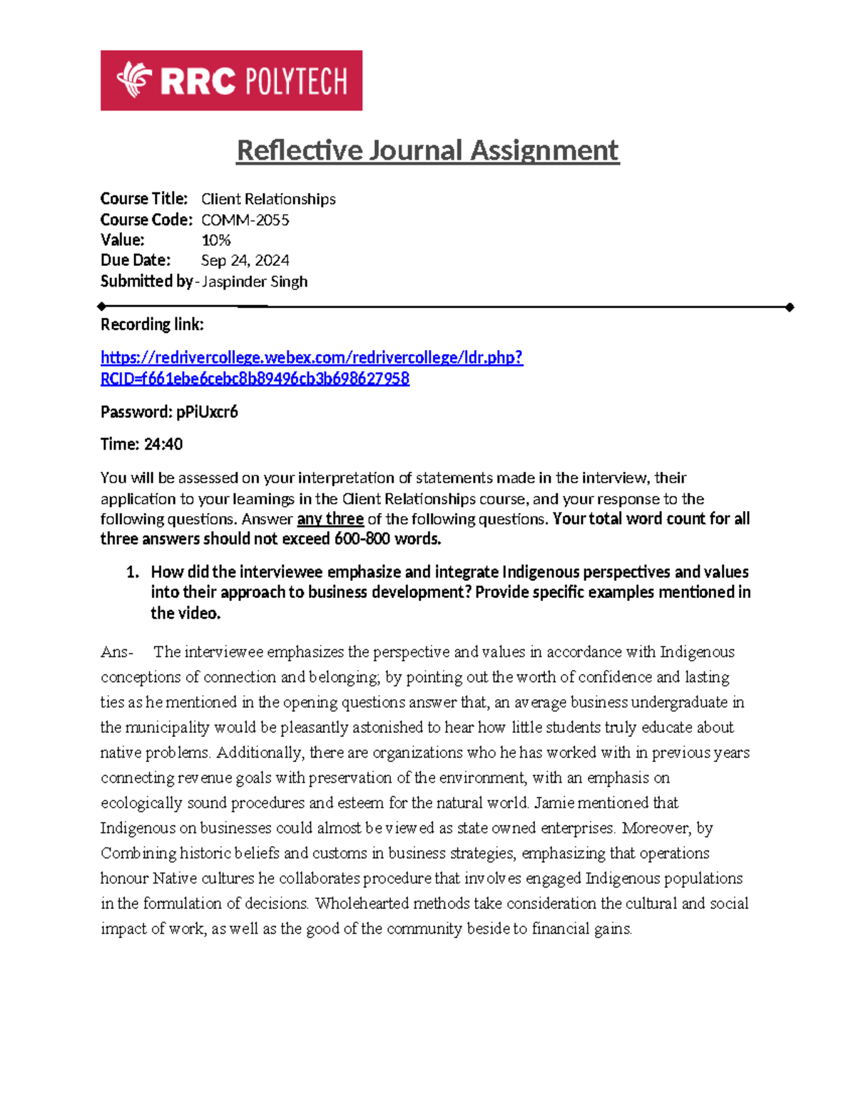 Inter 1 assignment - Reflective Journal Assignment Course Title: Client ...