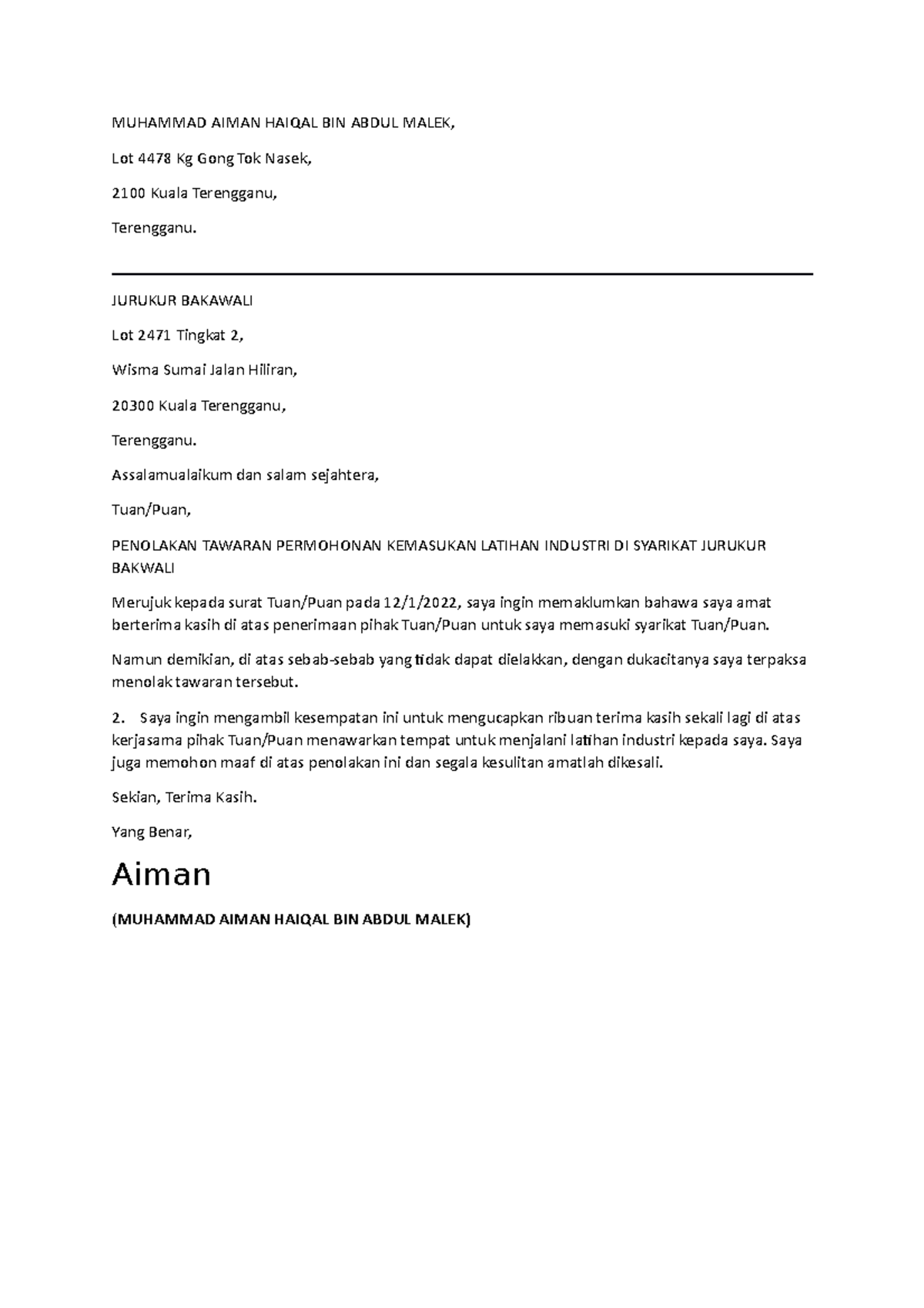 Surat tolak latihan - MUHAMMAD AIMAN HAIQAL BIN ABDUL MALEK, Lot 4478 ...